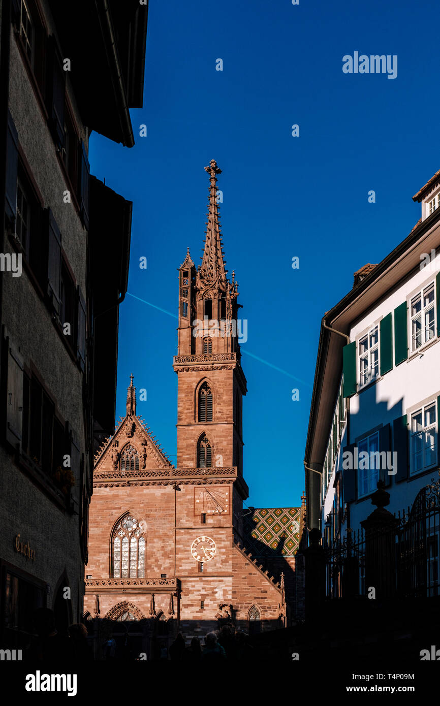 The towers of Basel Minster against blue sky (Basel, Switzerland Stock ...