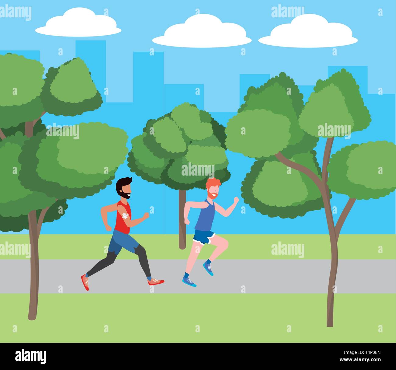 fitness sport train men running at outdoor scene cartoon vector ...