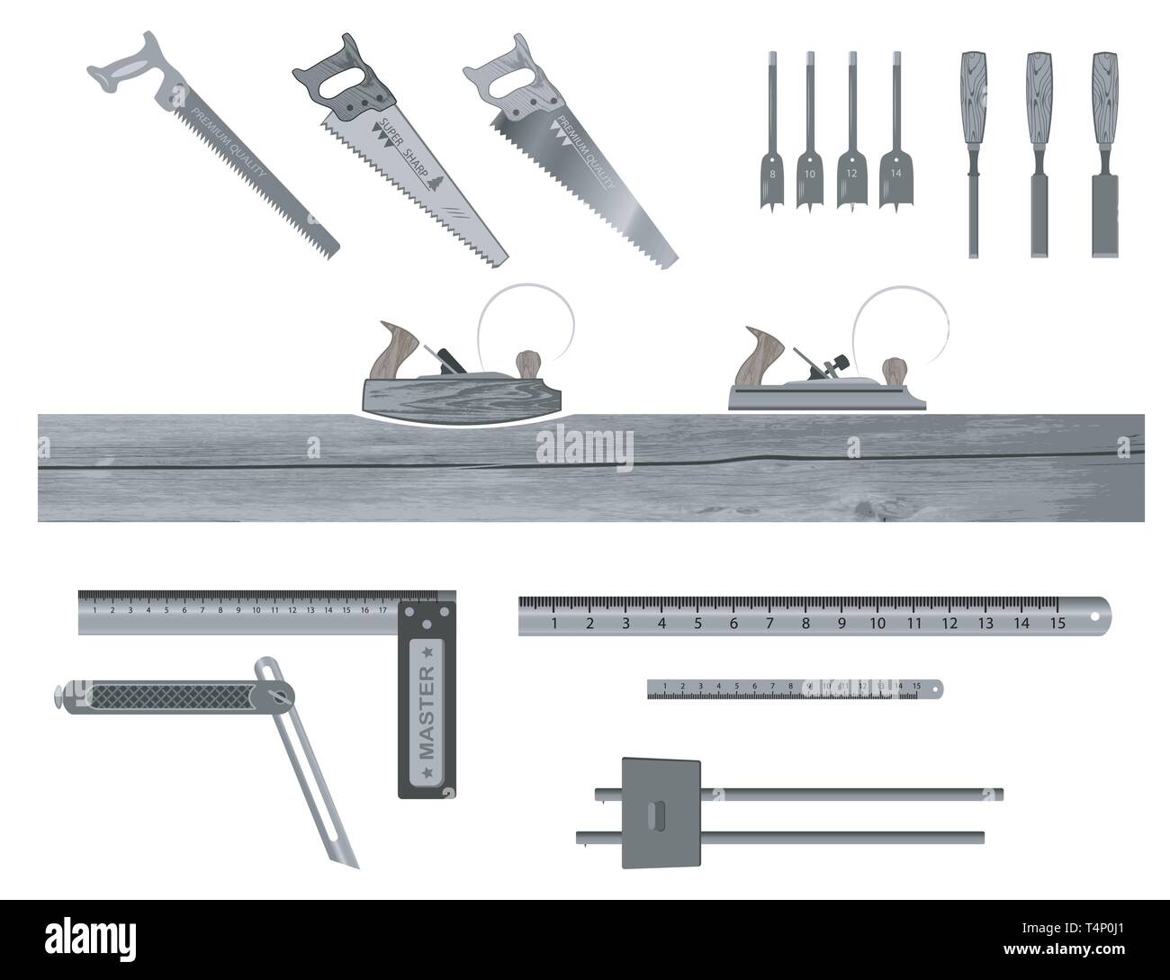 set of tools for working with wood. has a plane, hacksaw, chisel, ruler ...