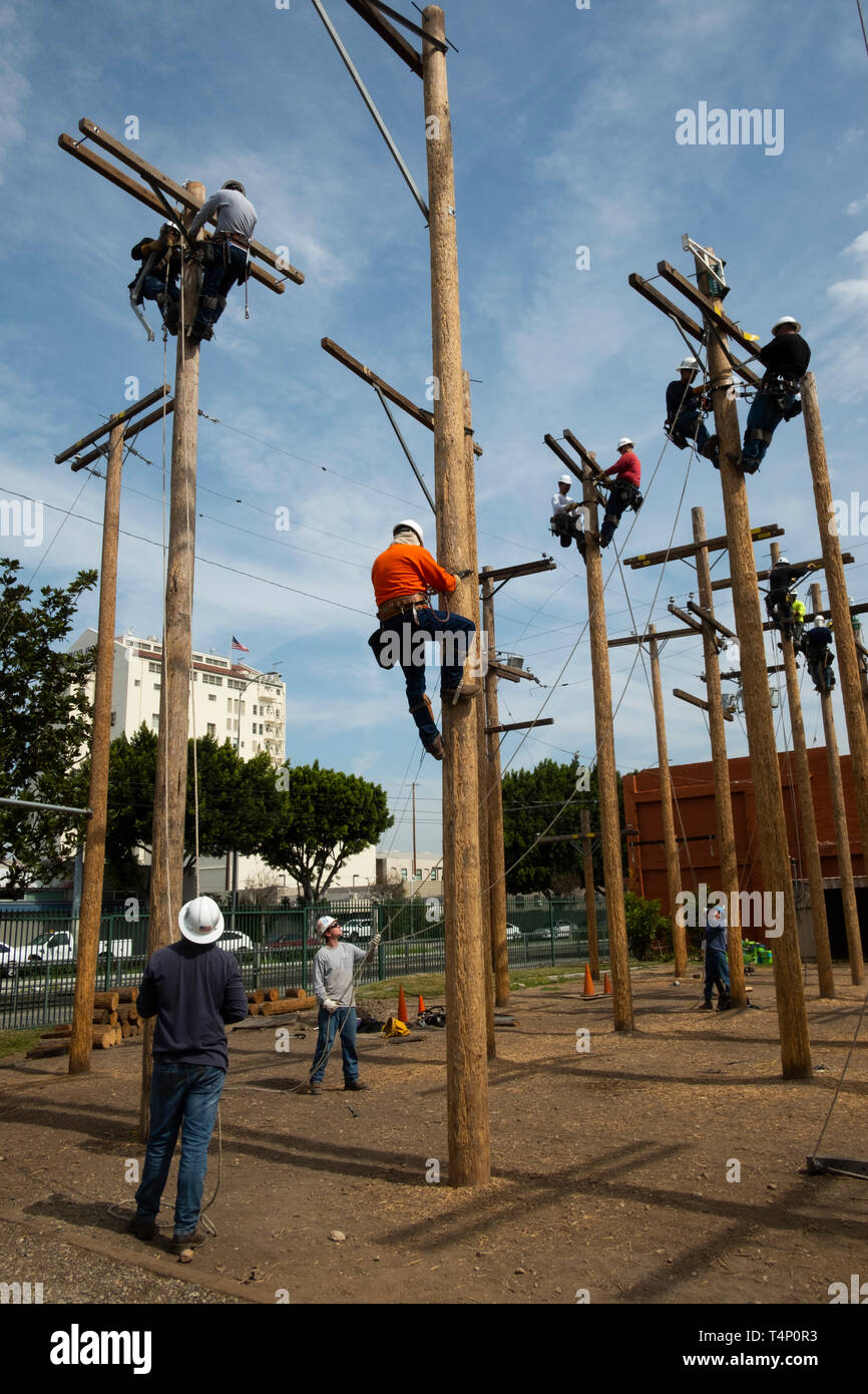 Learning the trade. Construction, Line workers. Downtown Los Angeles ...
