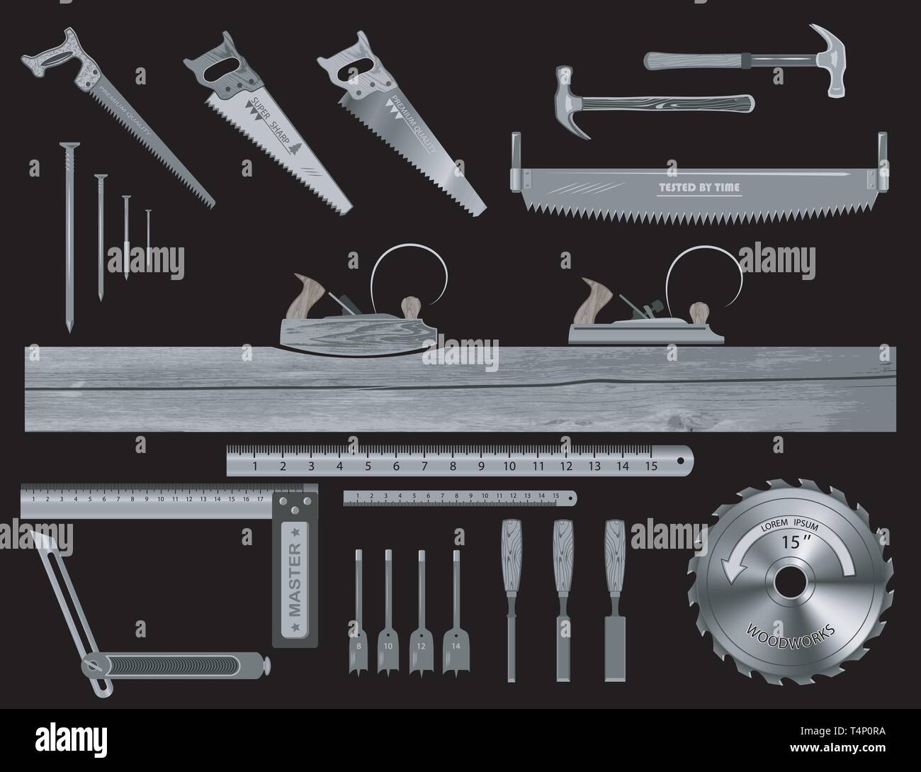 set of tools for working with wood. has a plane, hacksaw, chisel, ruler ...