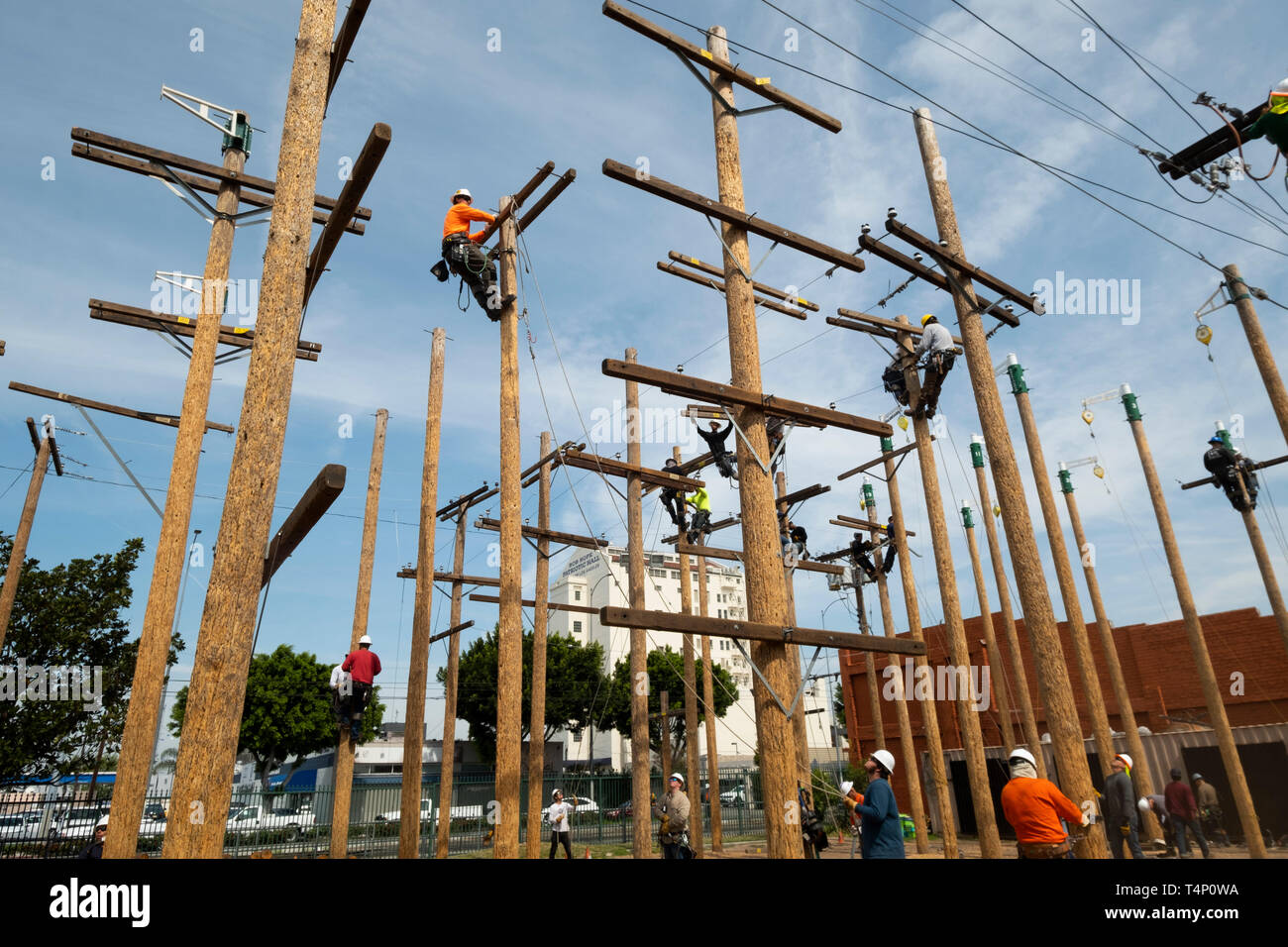 Learning the trade. Construction, Line workers. Downtown Los Angeles ...