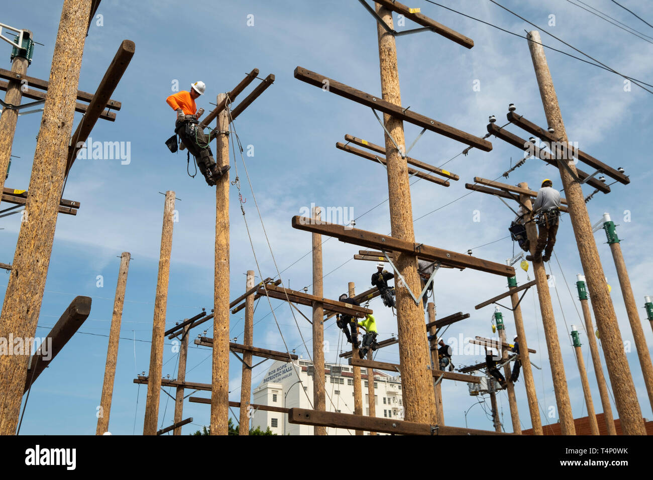 Learning the trade. Construction, Line workers. Downtown Los Angeles ...