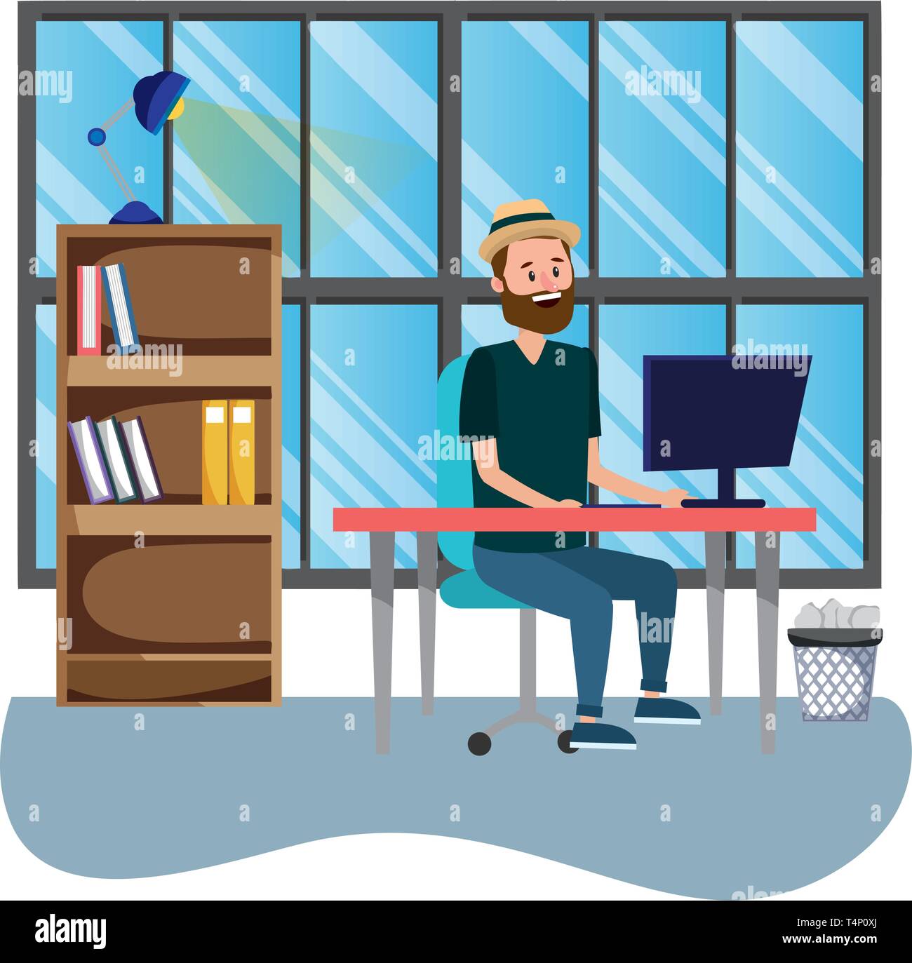 online education man with desk computer cartoon vector illustration ...