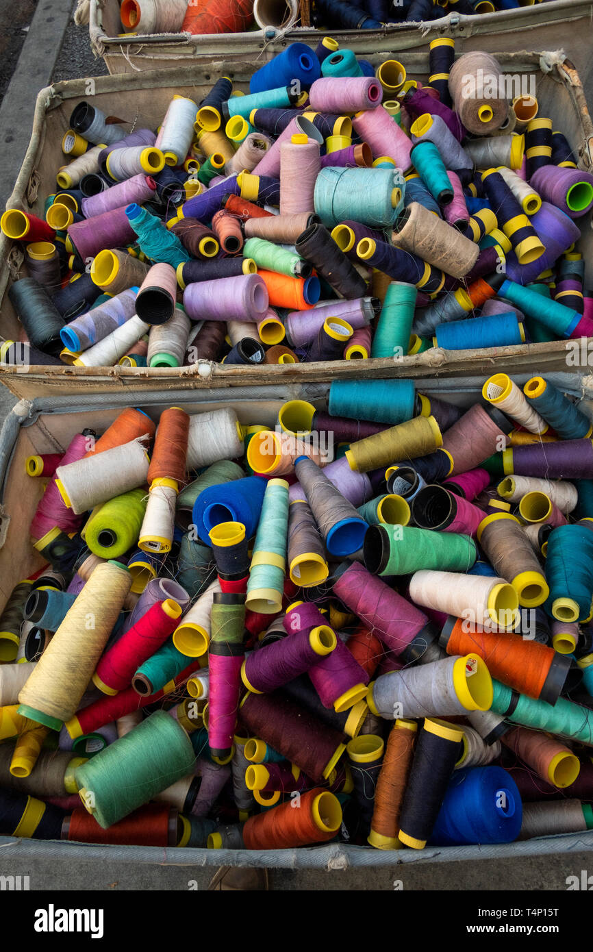 Spools of thread in a bin. Downtown Los Angeles, California, United ...