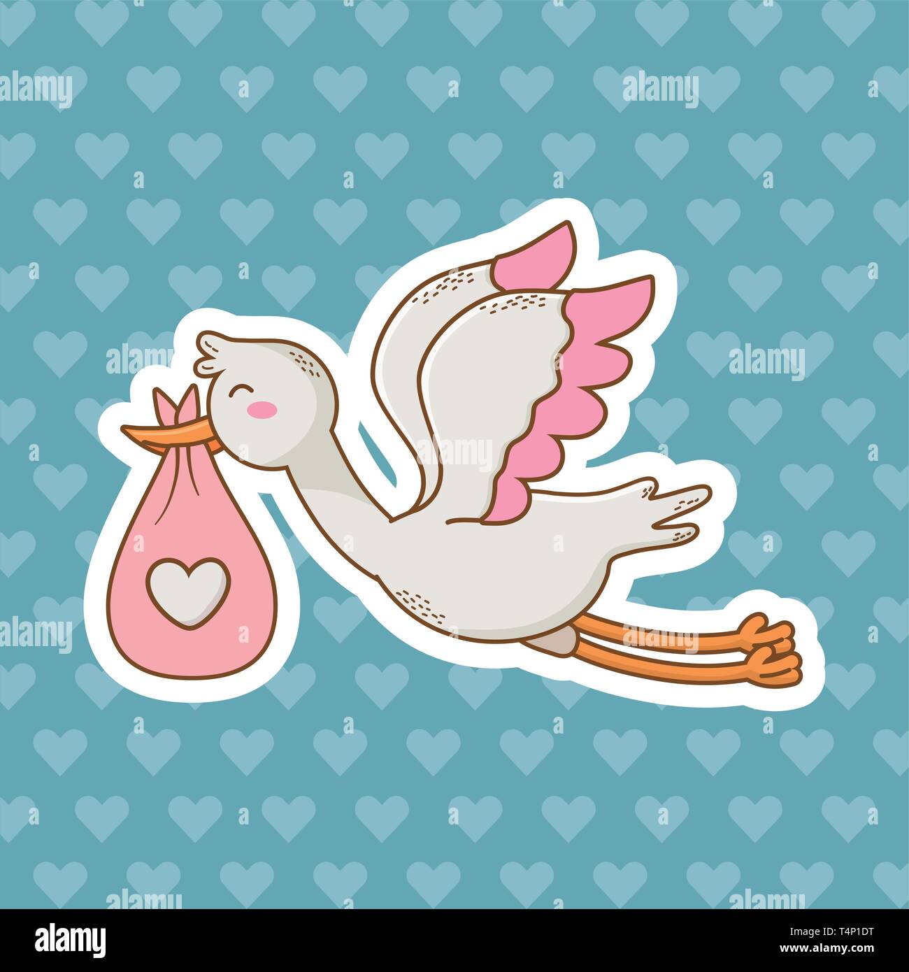 cute baby shower stork holding baby bag cartoon vector illustration ...