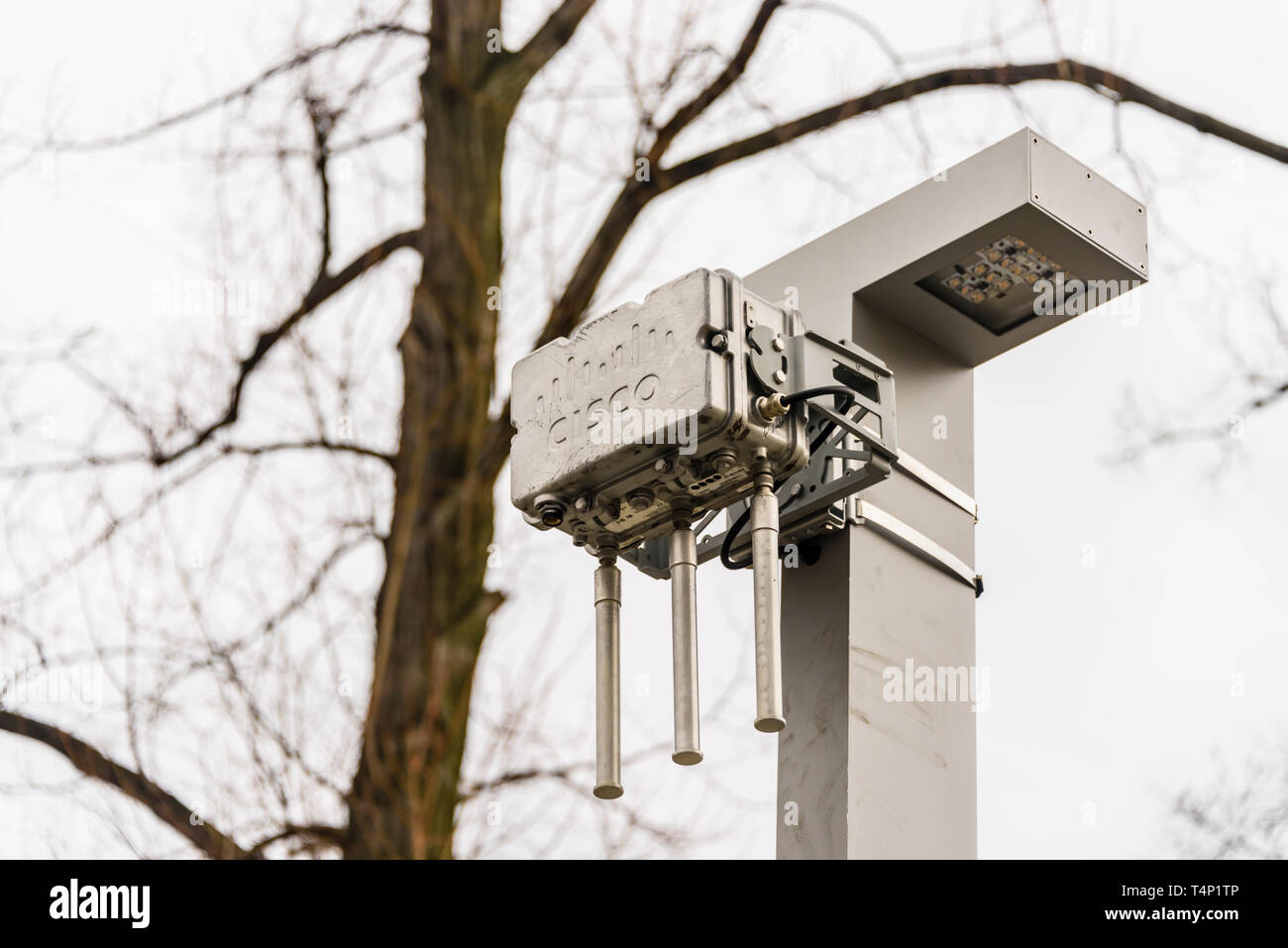 Outdoor wifi transmitter receiver on a lamppost in Poland Stock Photo ...