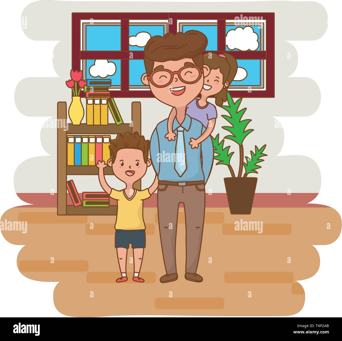 man with children icon cartoon glasses at home house vector ...