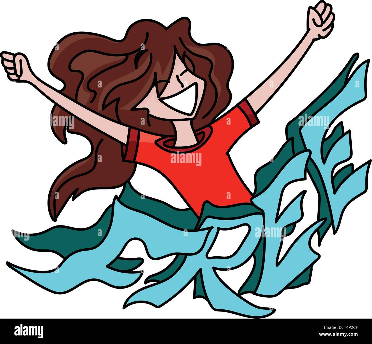 Cartoon woman with long hair standing behind a free text with her arms ...