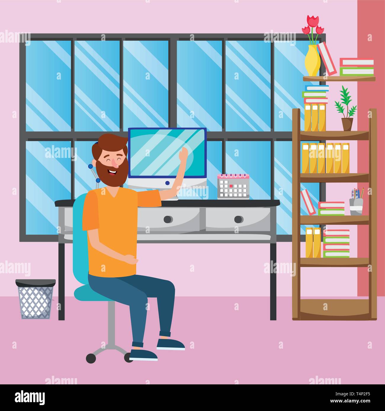 online education man with desk computer cartoon vector illustration ...