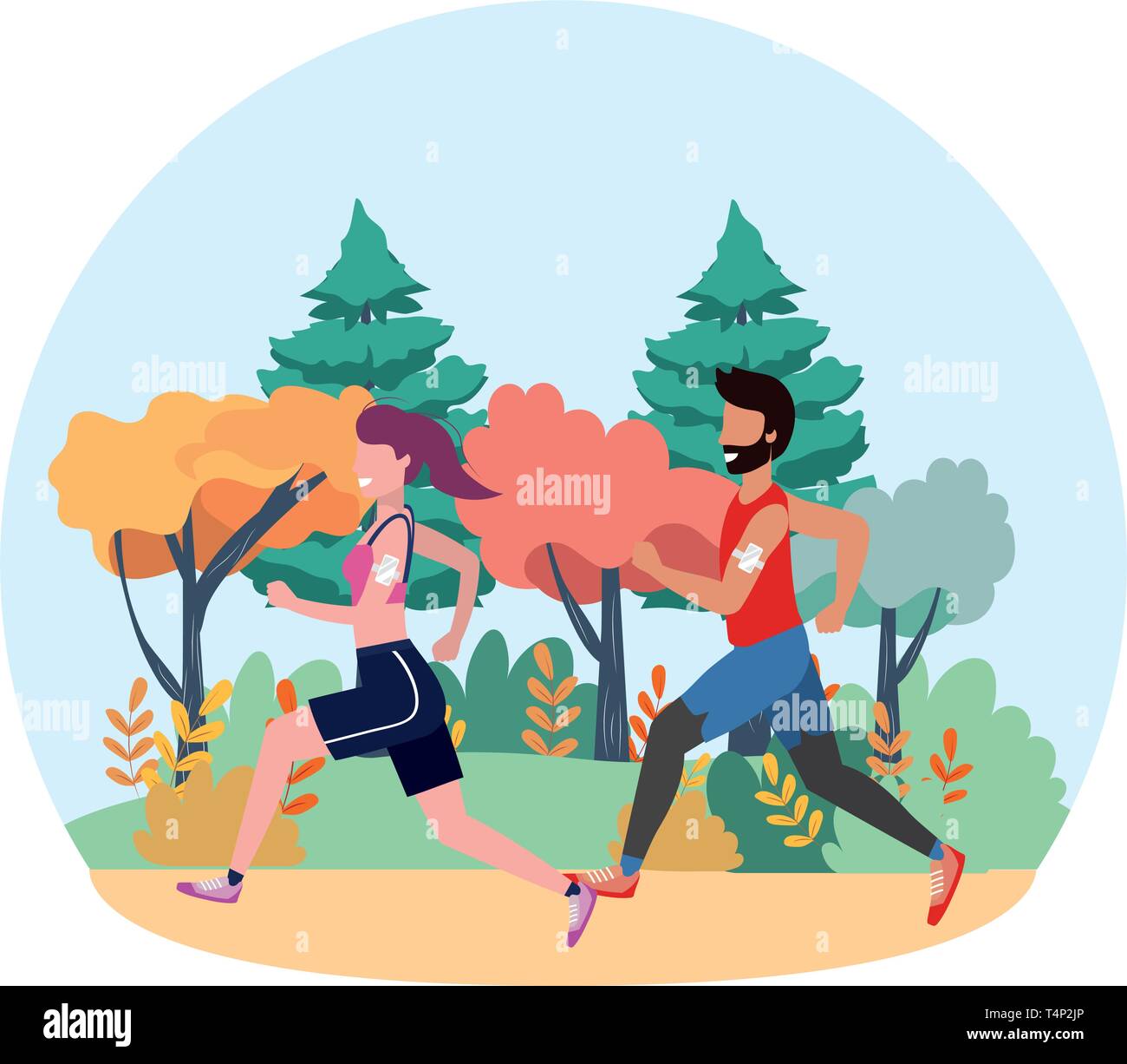 fitness sport train outdoor scene couple cartoon vector illustration ...