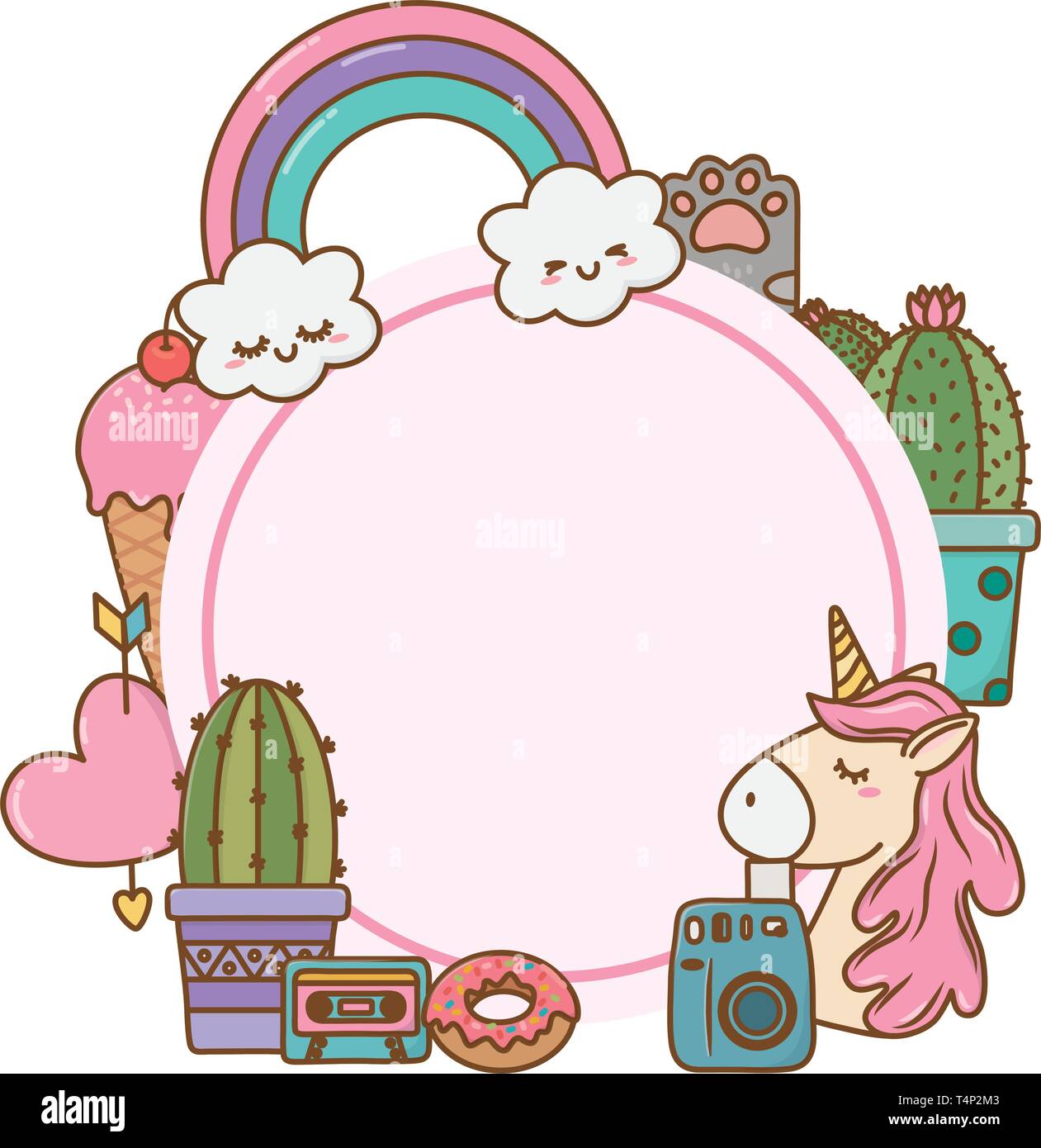 round frame cartoon decoration with unicorn ice cream cactus donut ...