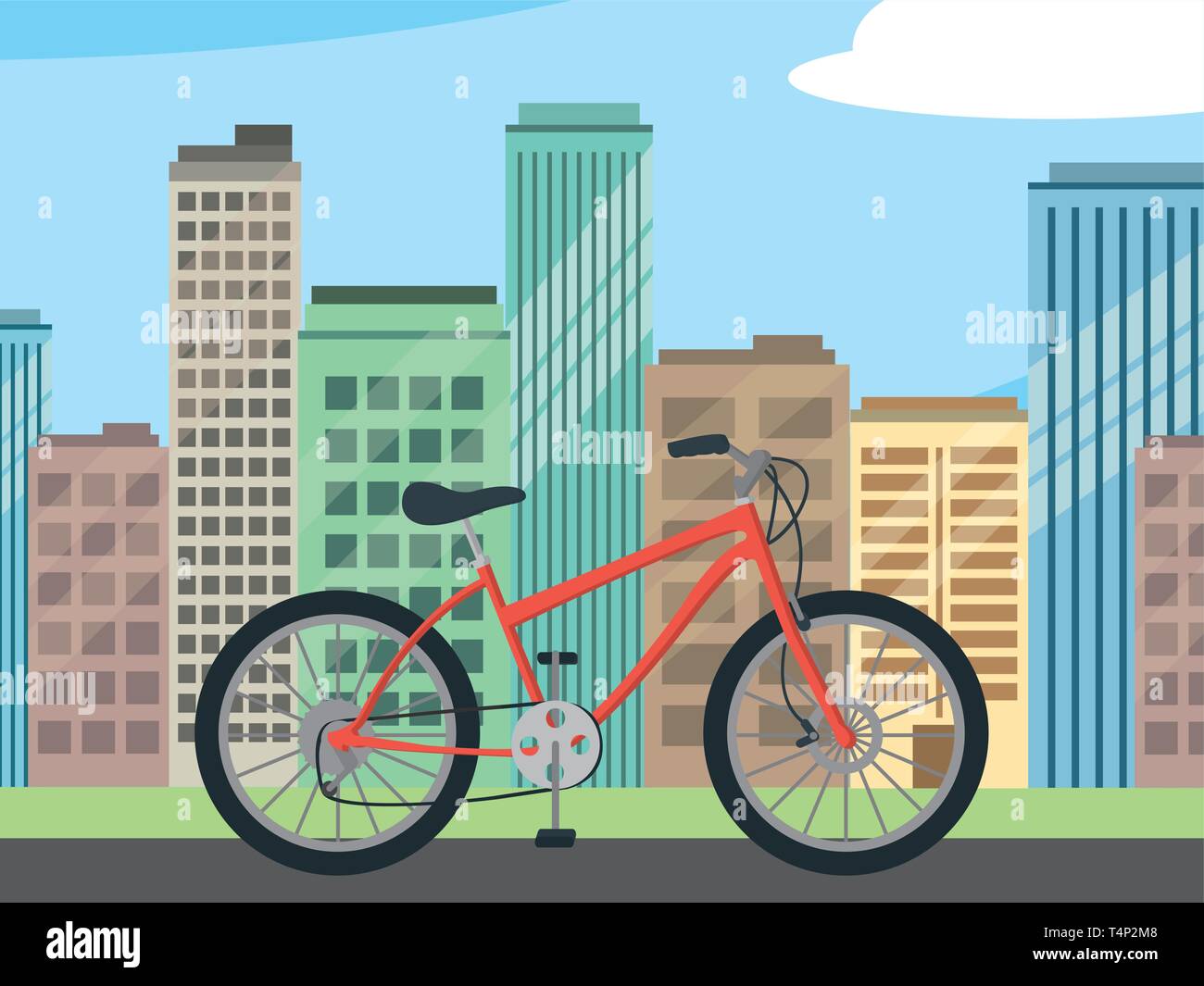 transportation concept mountain bike in front city landscape cartoon ...