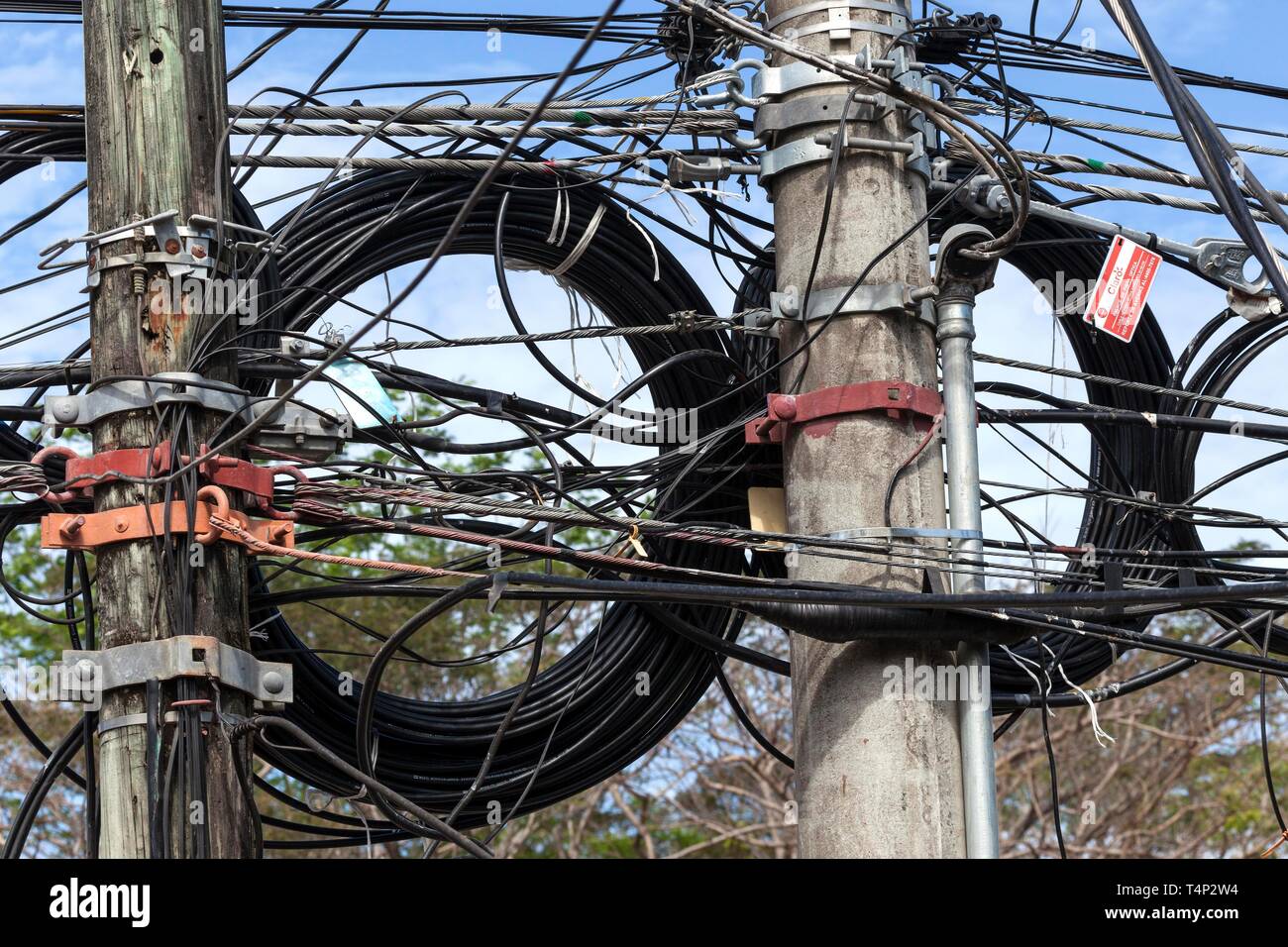 Power lines on a power pole, Samara, Guanacaste Province, Costa Rica ...