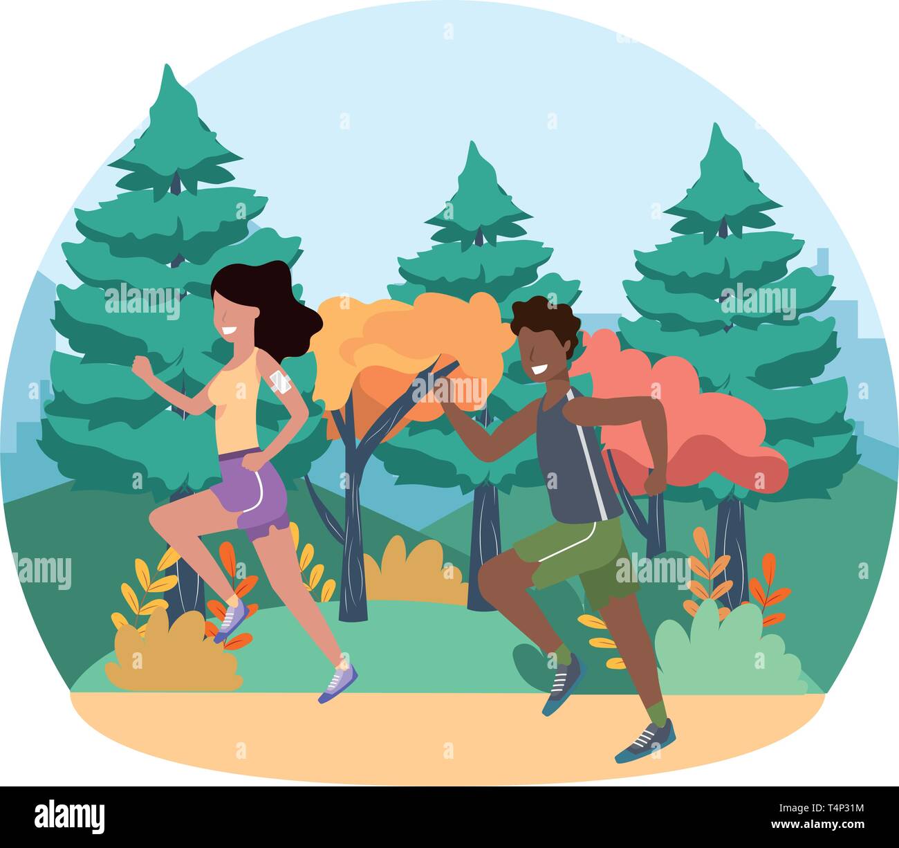 fitness sport train outdoor scene couple cartoon vector illustration ...
