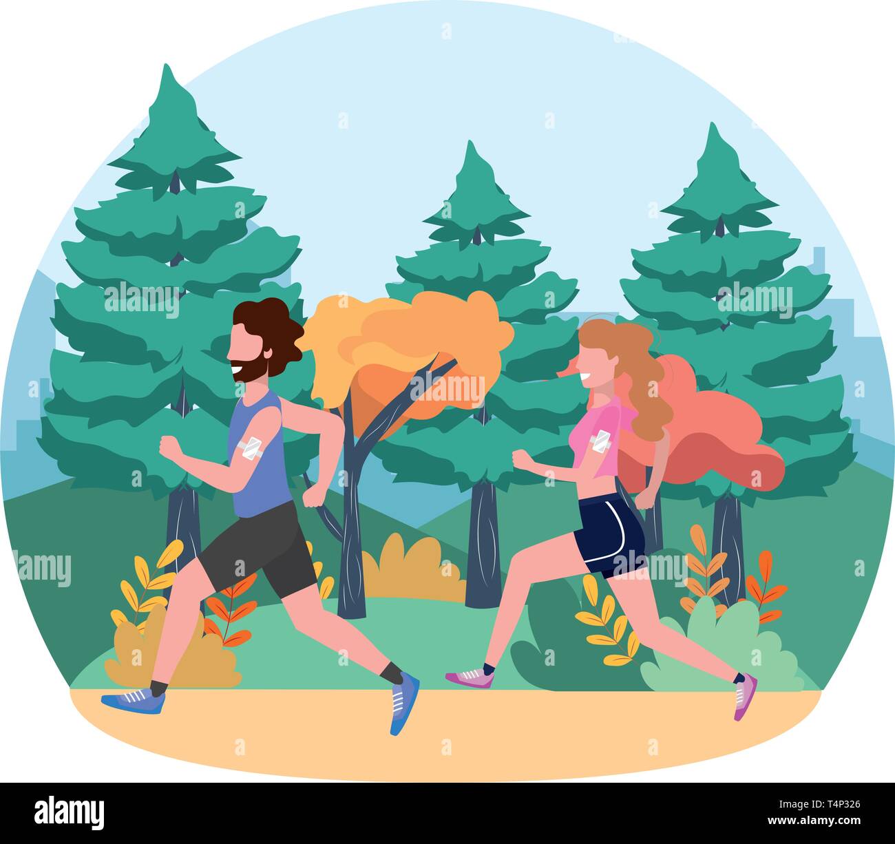 fitness sport train outdoor scene couple cartoon vector illustration ...