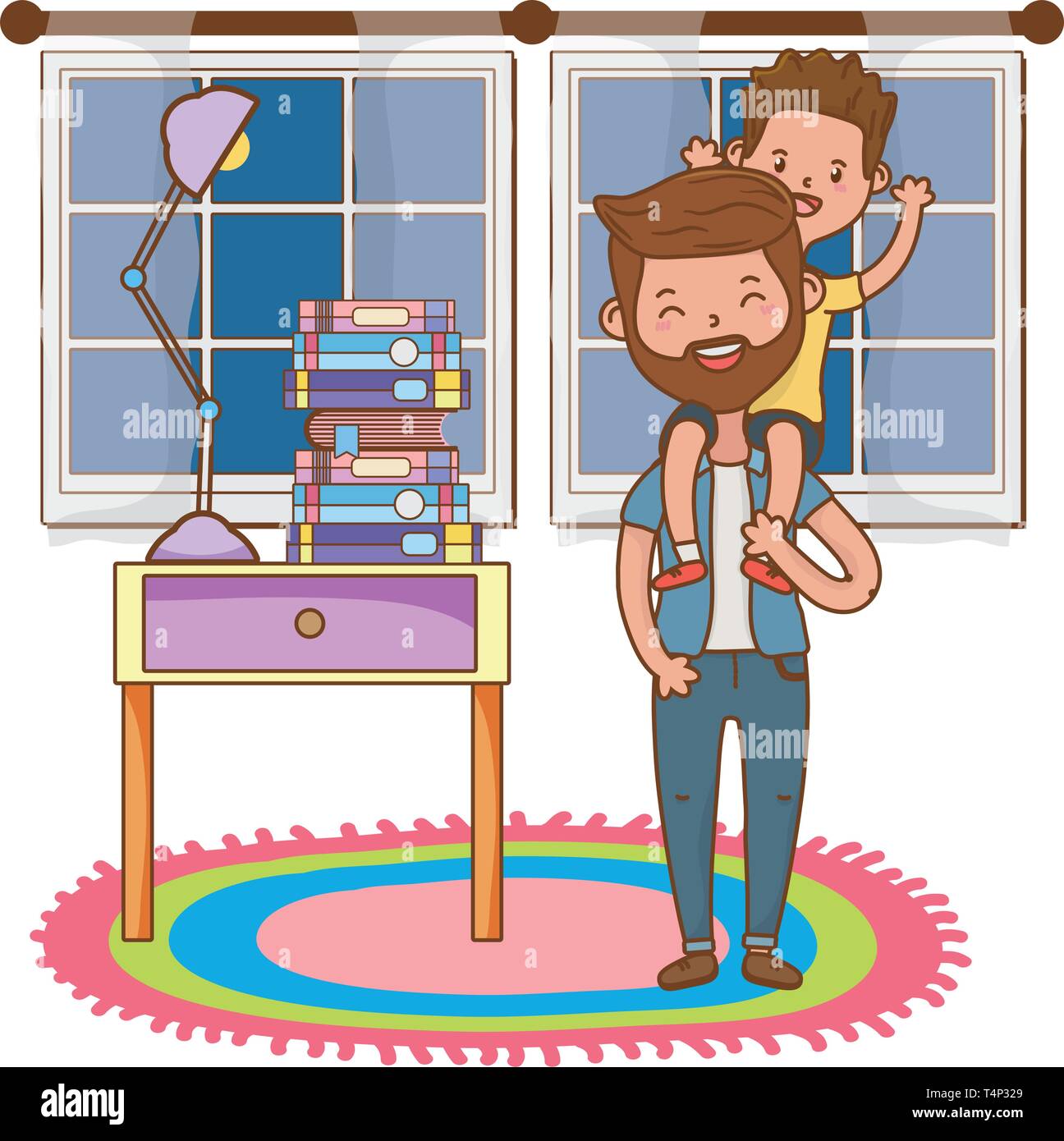 man carrying child avatar cartoon character beard at home house vector ...