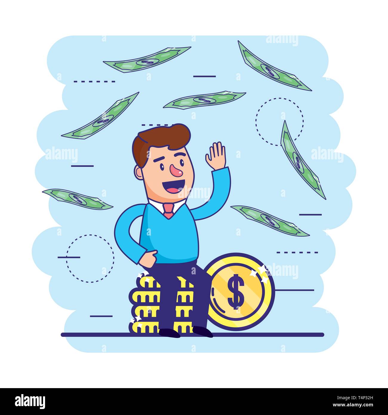 man seating in the finance coins and bills vector illustration Stock ...