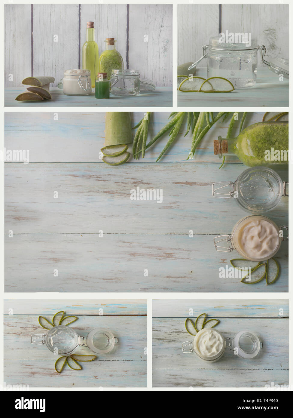 Collage of homemade Aloe Vera spa with natural ingredients, face cream ...