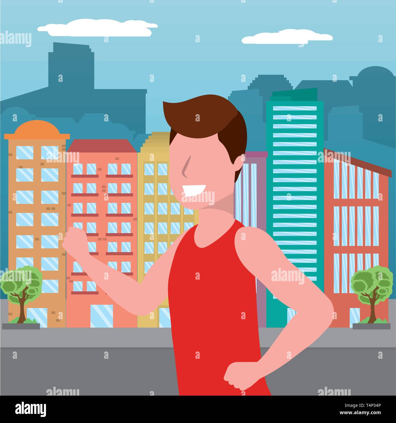 fitness sport train man running at urban scene cartoon vector ...
