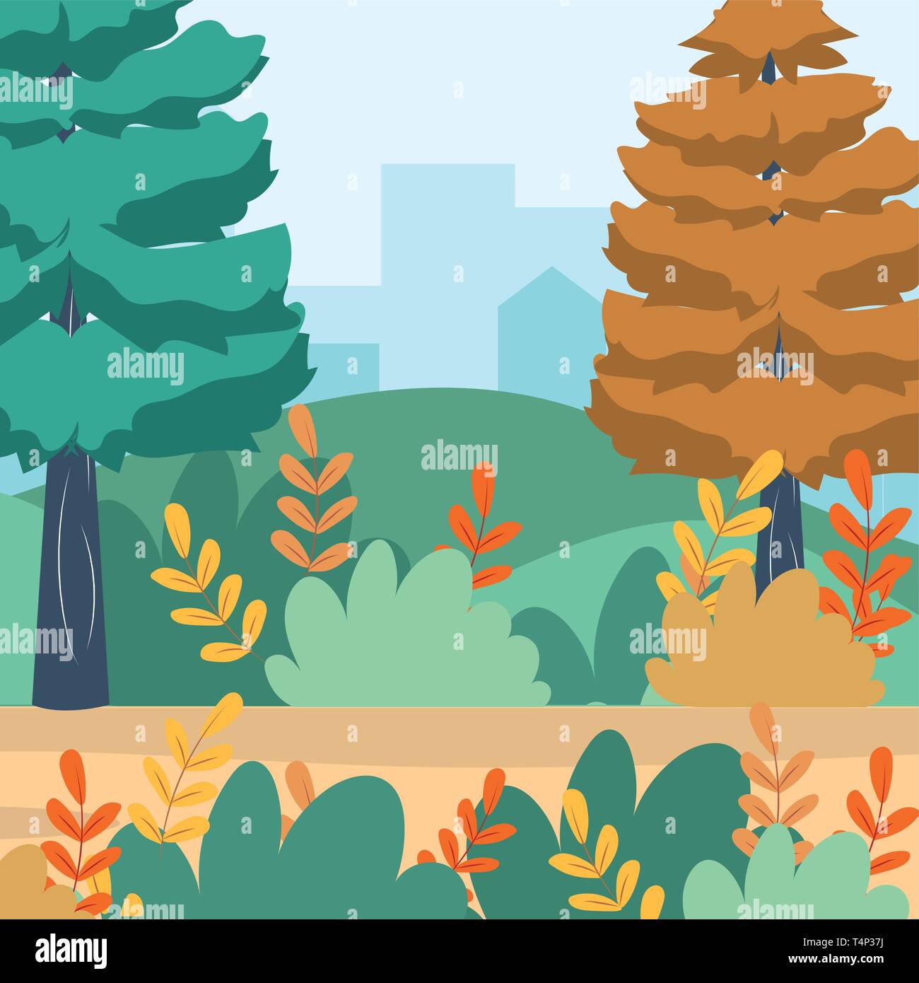 outdoor concept trees with bushes cartoon vector illustration graphic ...