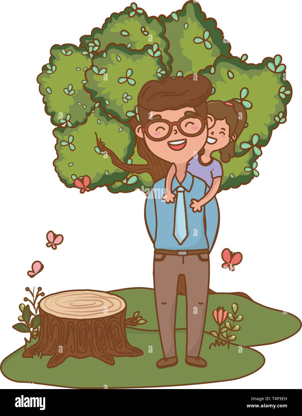 man carrying child avatar cartoon character glasses forest landscape ...