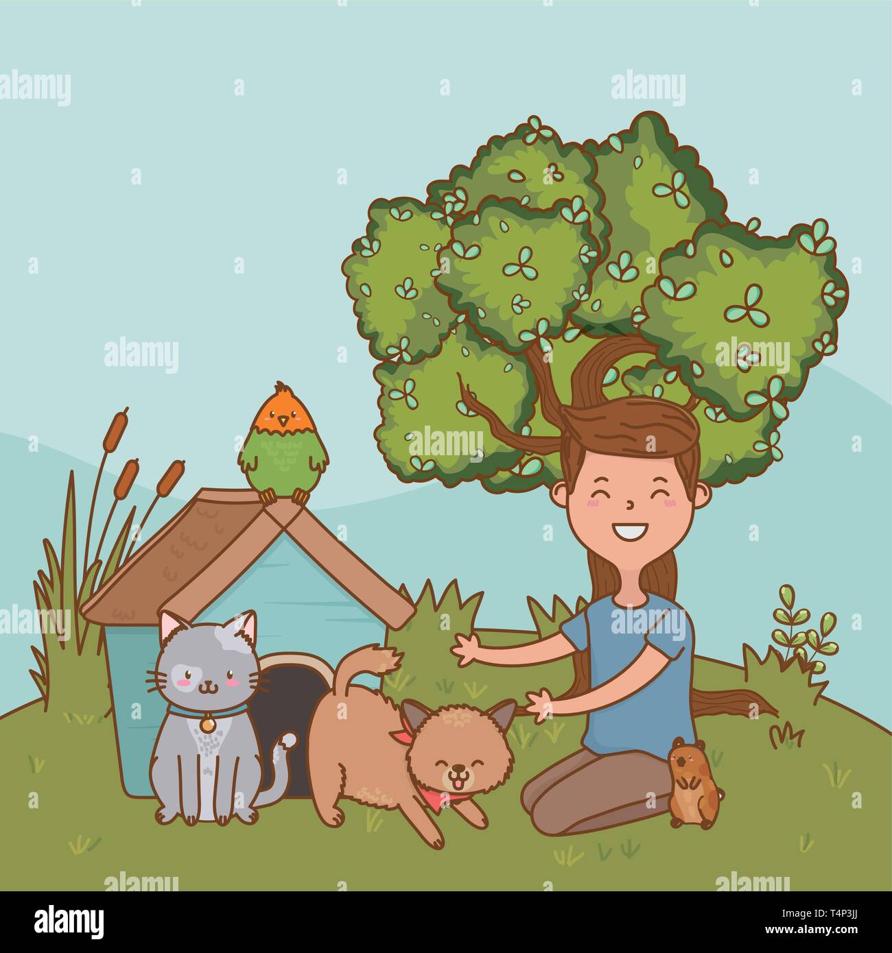 childhood happy child boy with little animals pets at outdoor scene ...