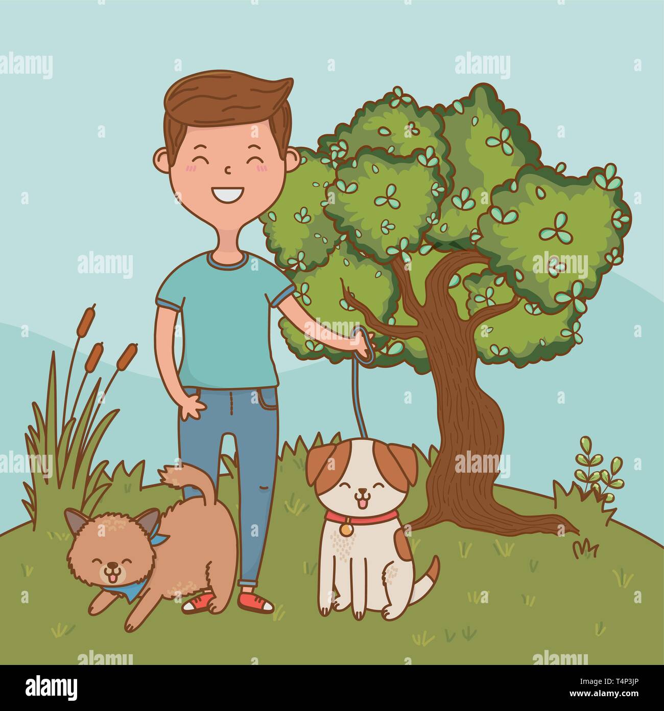 childhood happy child boy with little animals pets at outdoor scene ...