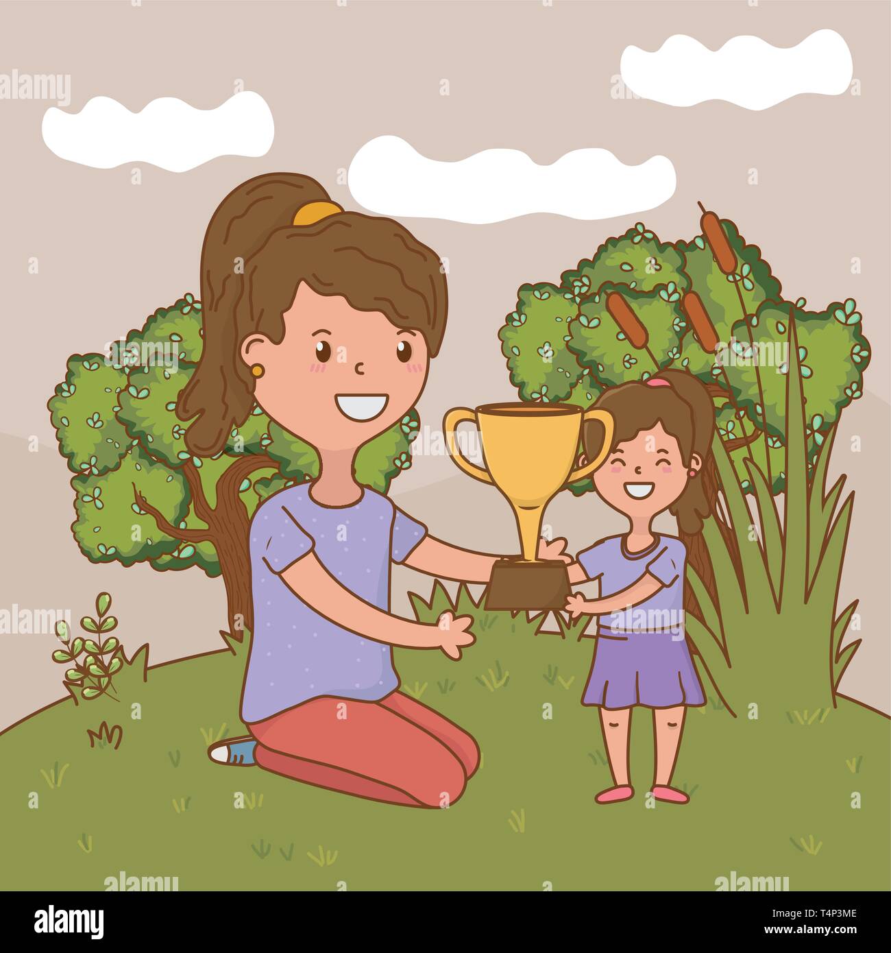 woman with child and trophy avatar cartoon character forest landscape ...
