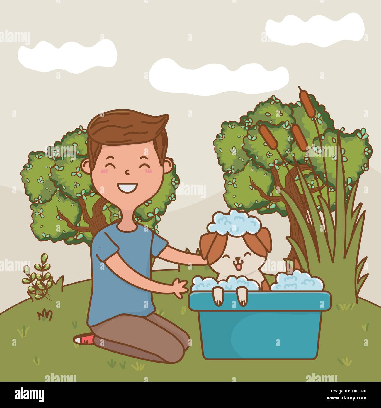 childhood happy child boy with little animal pet at outdoor scene ...