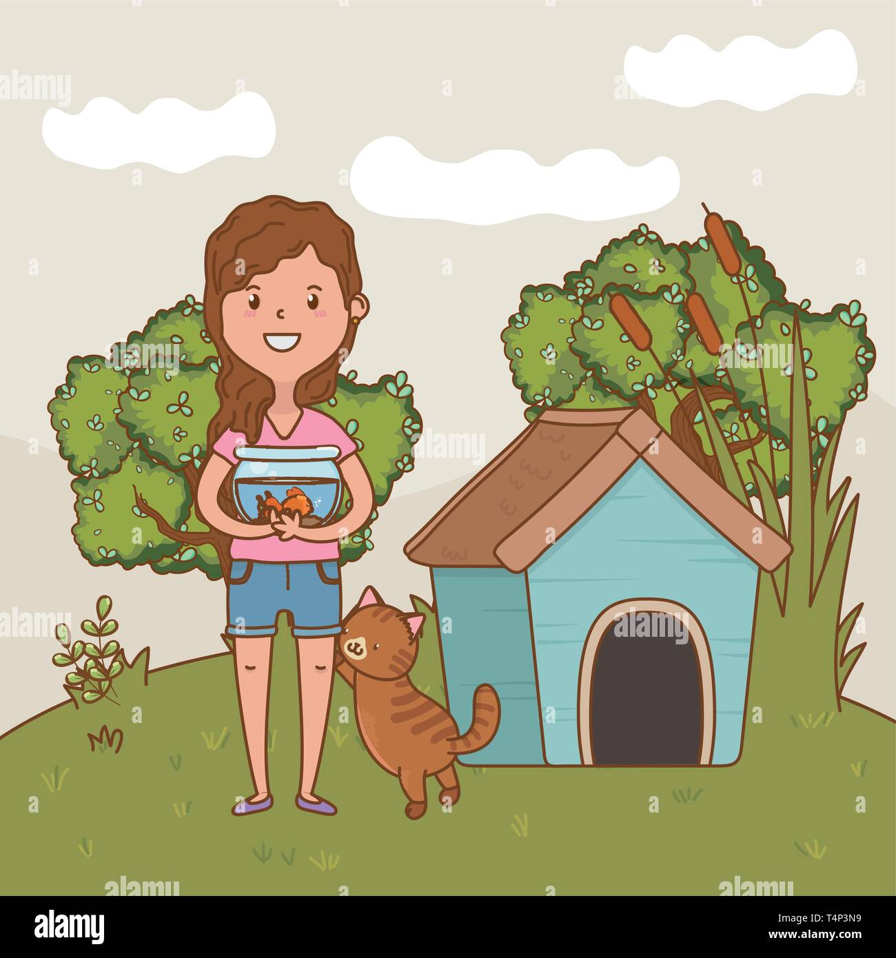 childhood happy child girl with cute little pets animals at outdoor ...