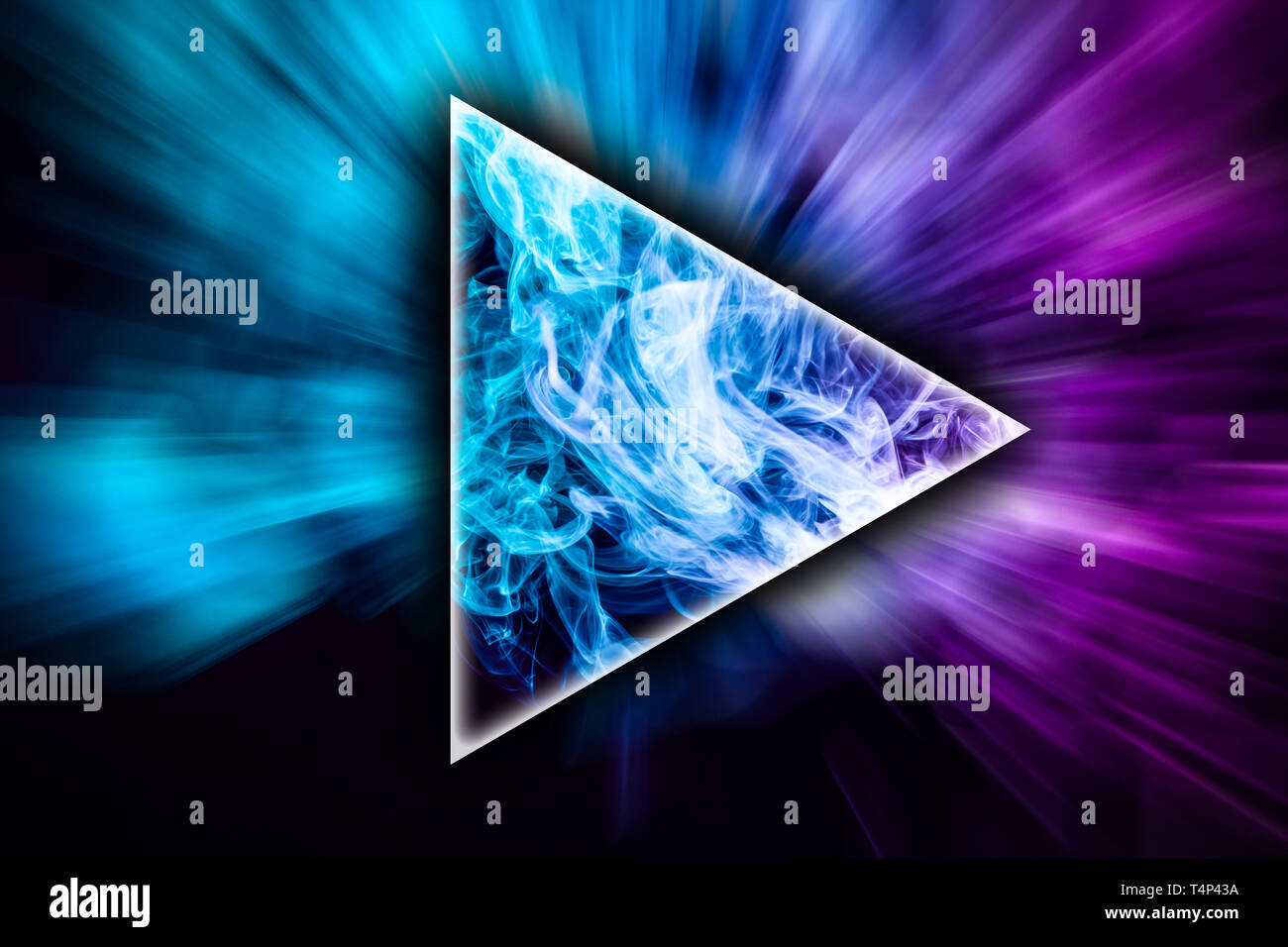 Colorful pink and blue smoke in the shape of a triangle on a black ...