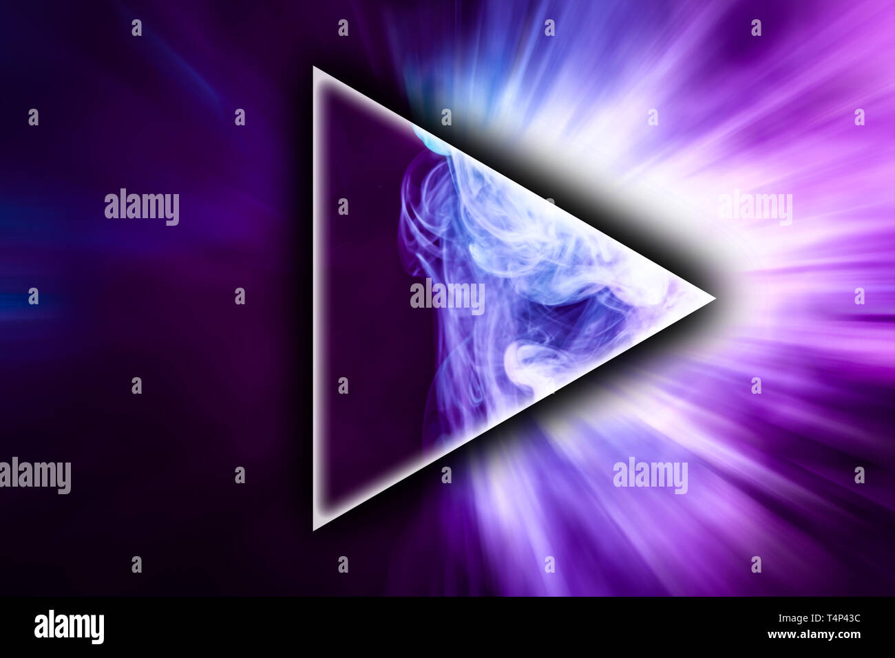 Pink and blue cloud of smoke in the shape of a triangle on black ...