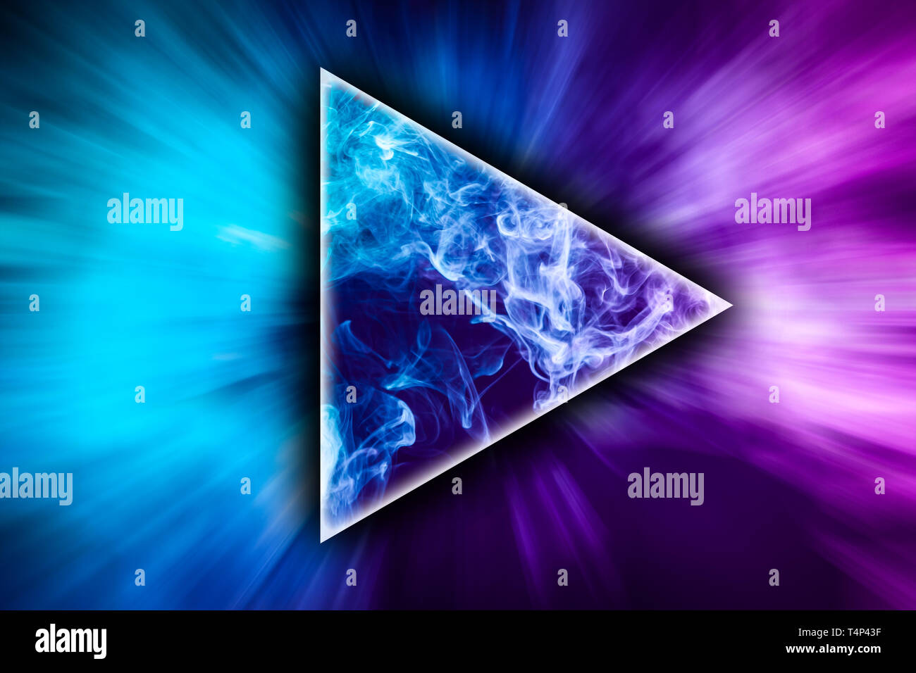 Blue and pink bomb smoke in the shape of a triangle on black isolated ...