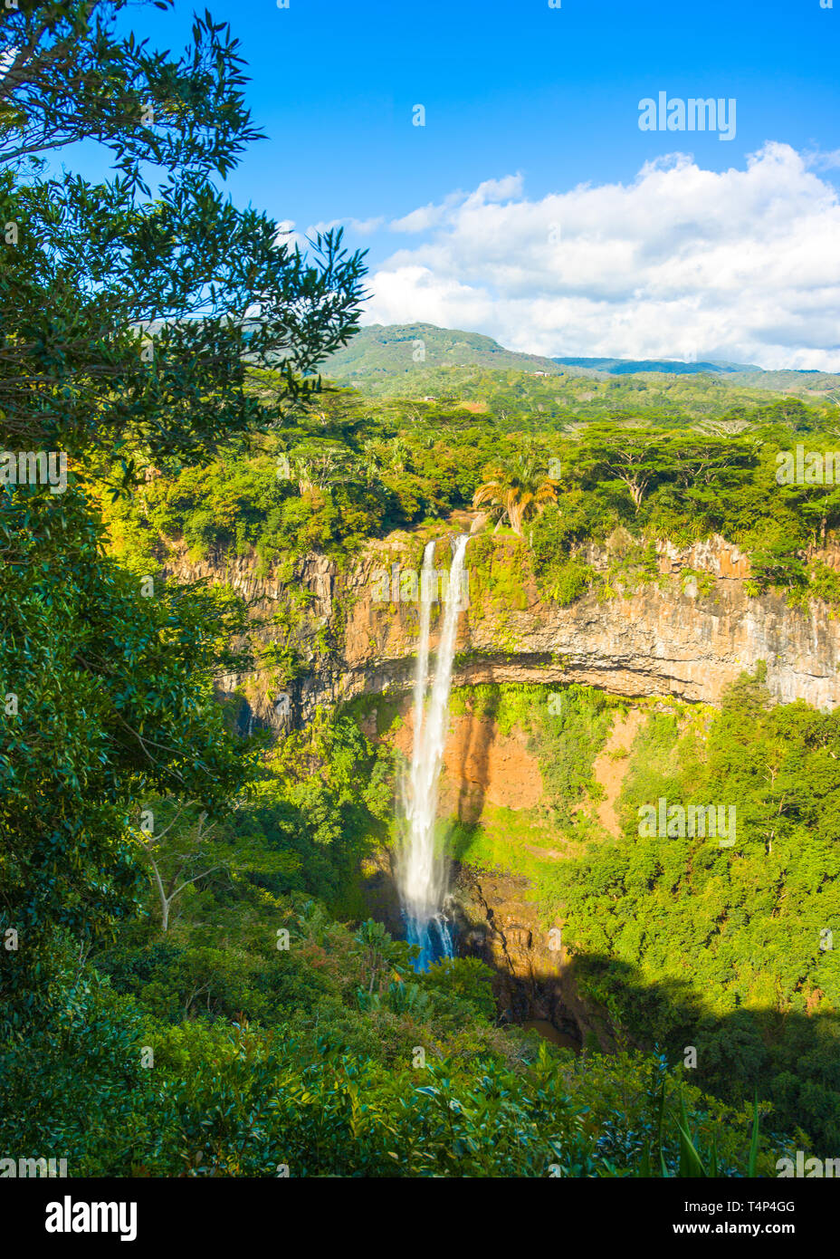 Beautiful landscape of Chamarel Waterfall in the tropical jungle of ...