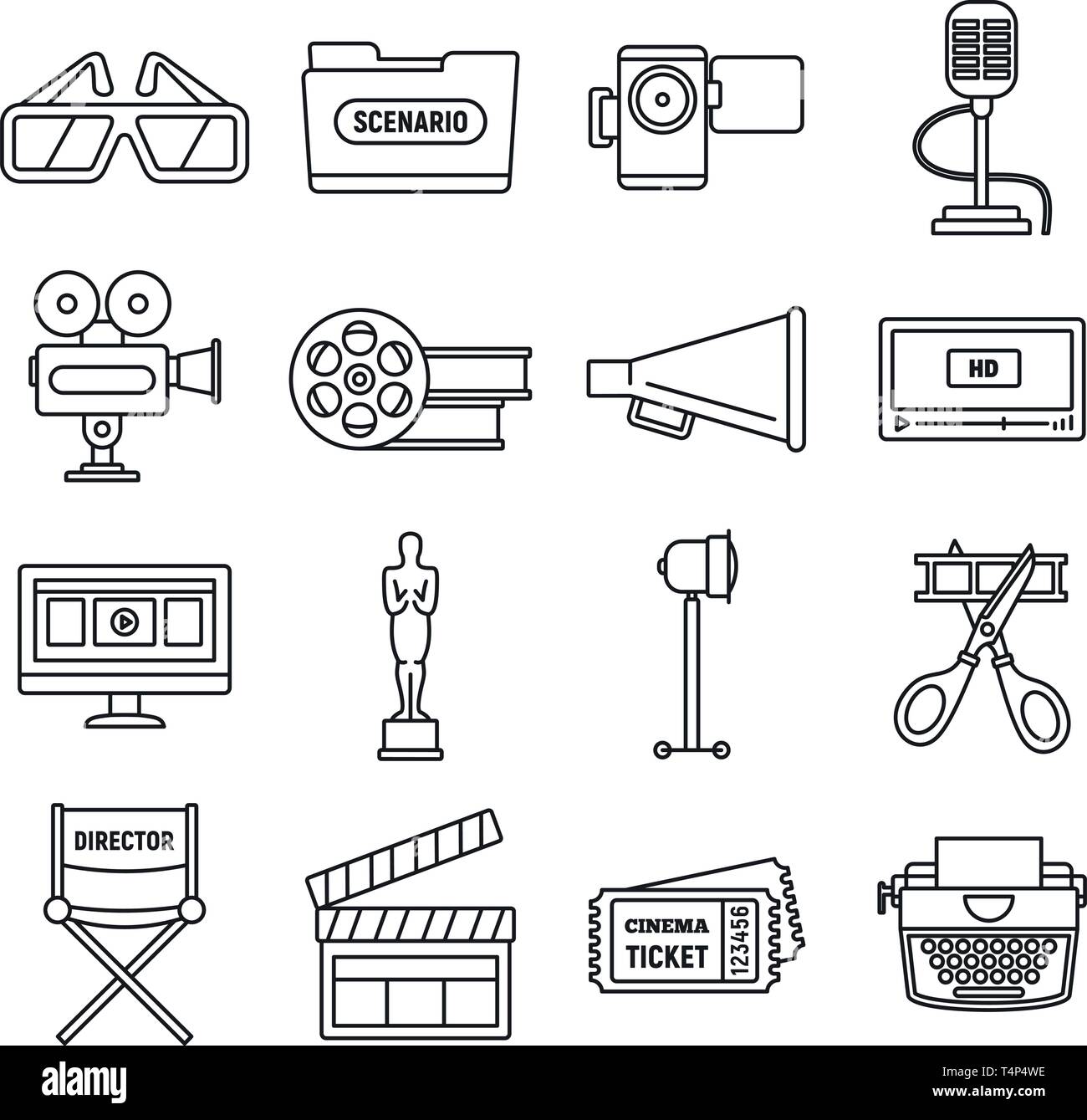 Modern film production icons set. Outline set of modern film production ...