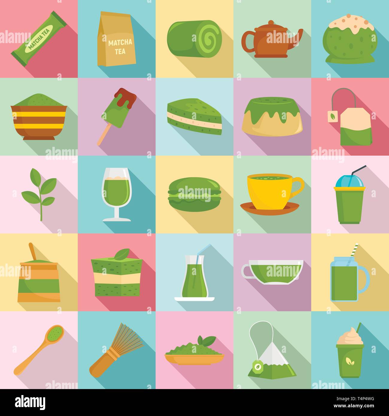 Matcha tea icons set. Flat set of matcha tea vector icons for web ...