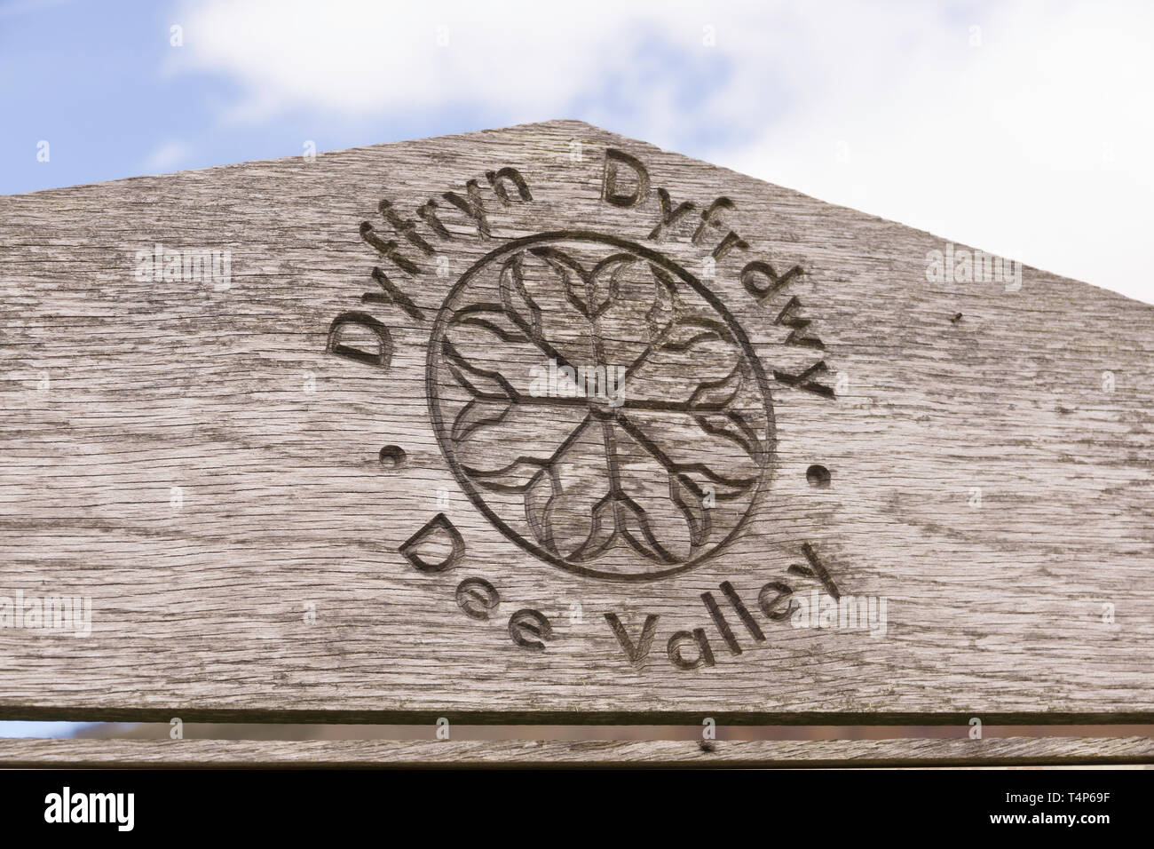 Wooden tourism sign post in the the Dee Valley or Dyffryn Dyfrdwy in ...
