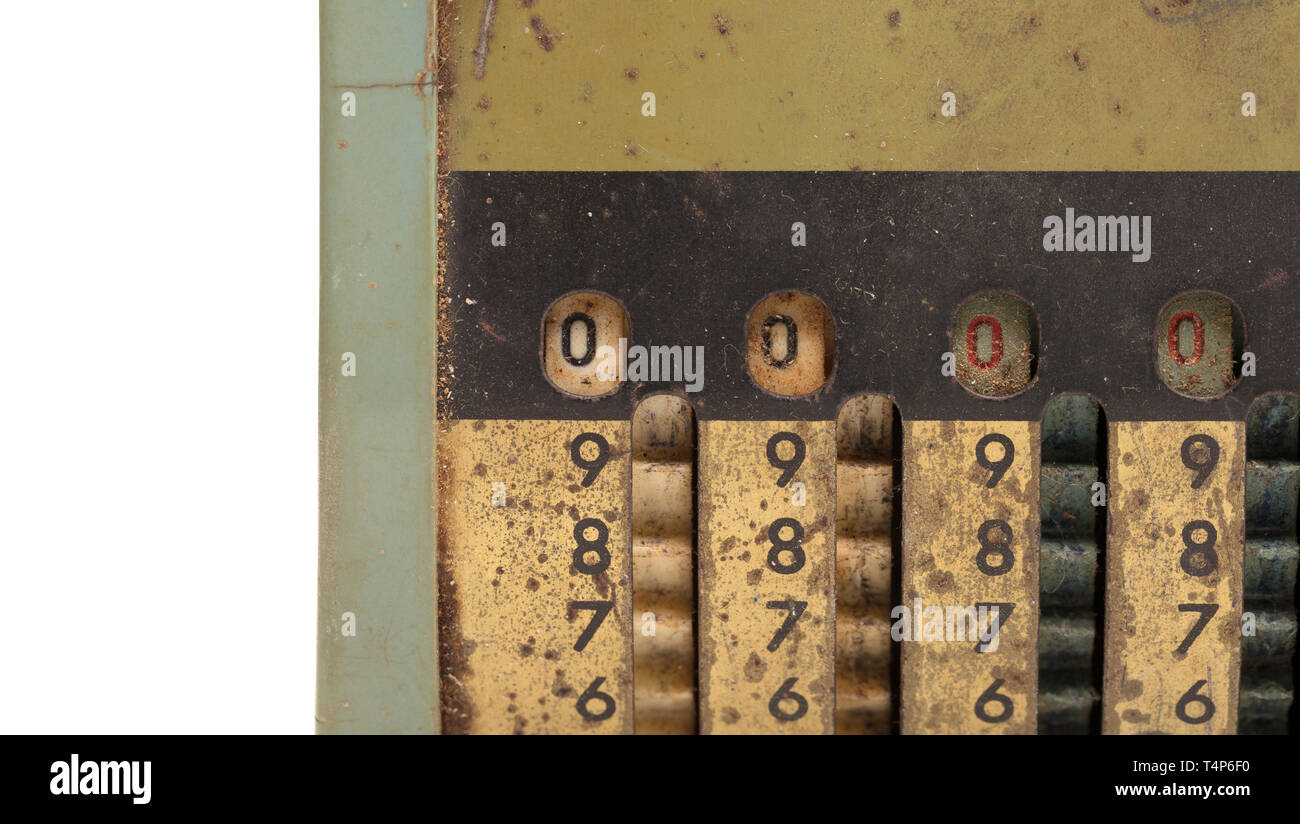 Vintage manual adding machine isolated on white, selective focus - 0 ...