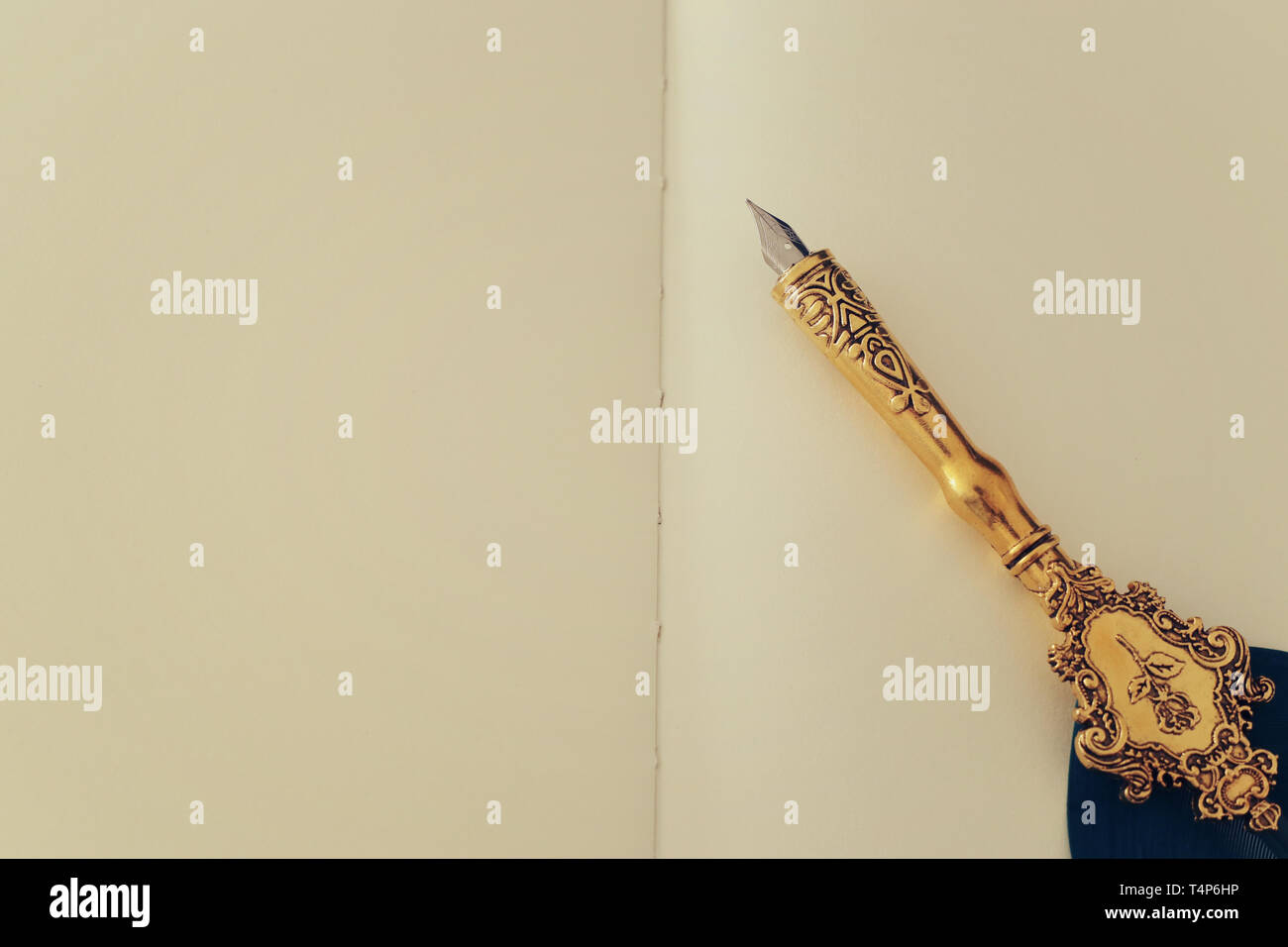 Old feather pen and empty sheet of paper. Back drop background. View ...