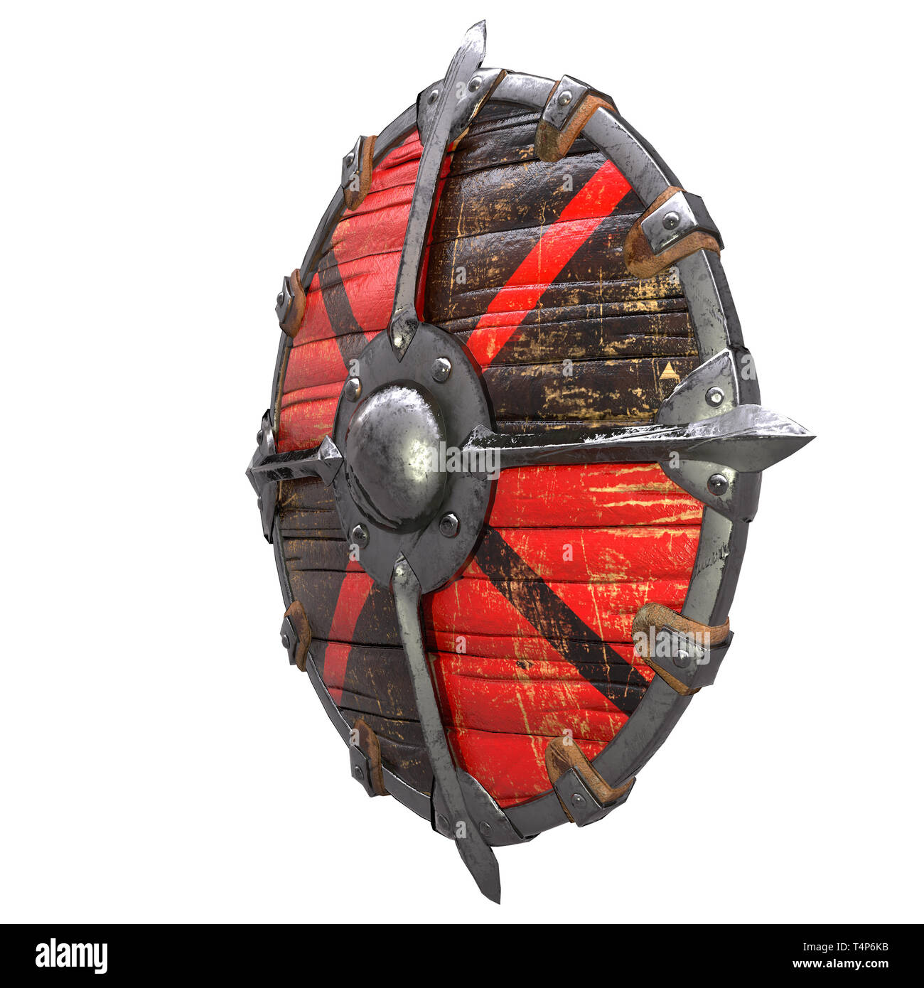 Round fantasy wooden shield with iron inserts on an isolated background ...