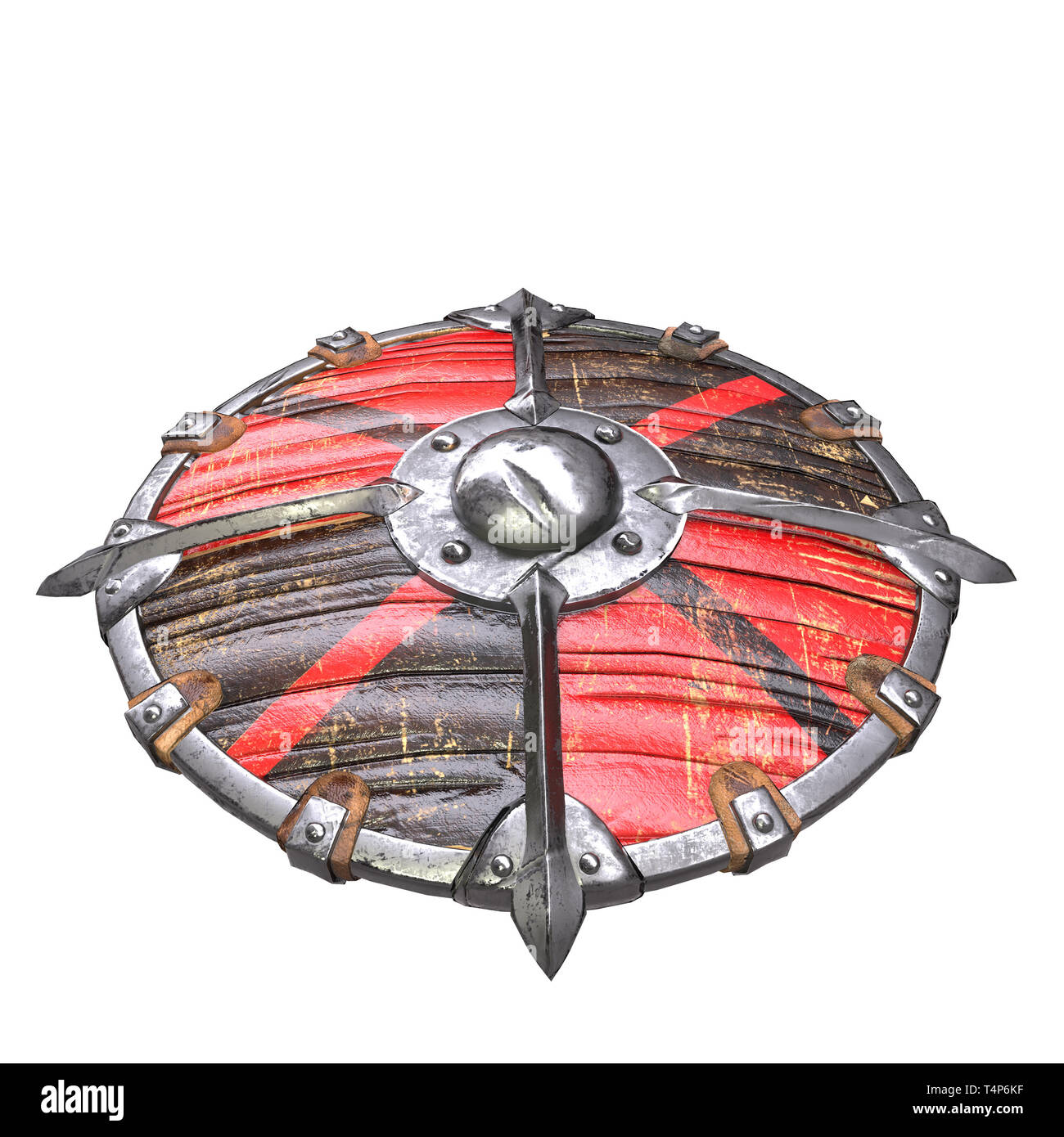 Round fantasy wooden shield with iron inserts on an isolated background ...