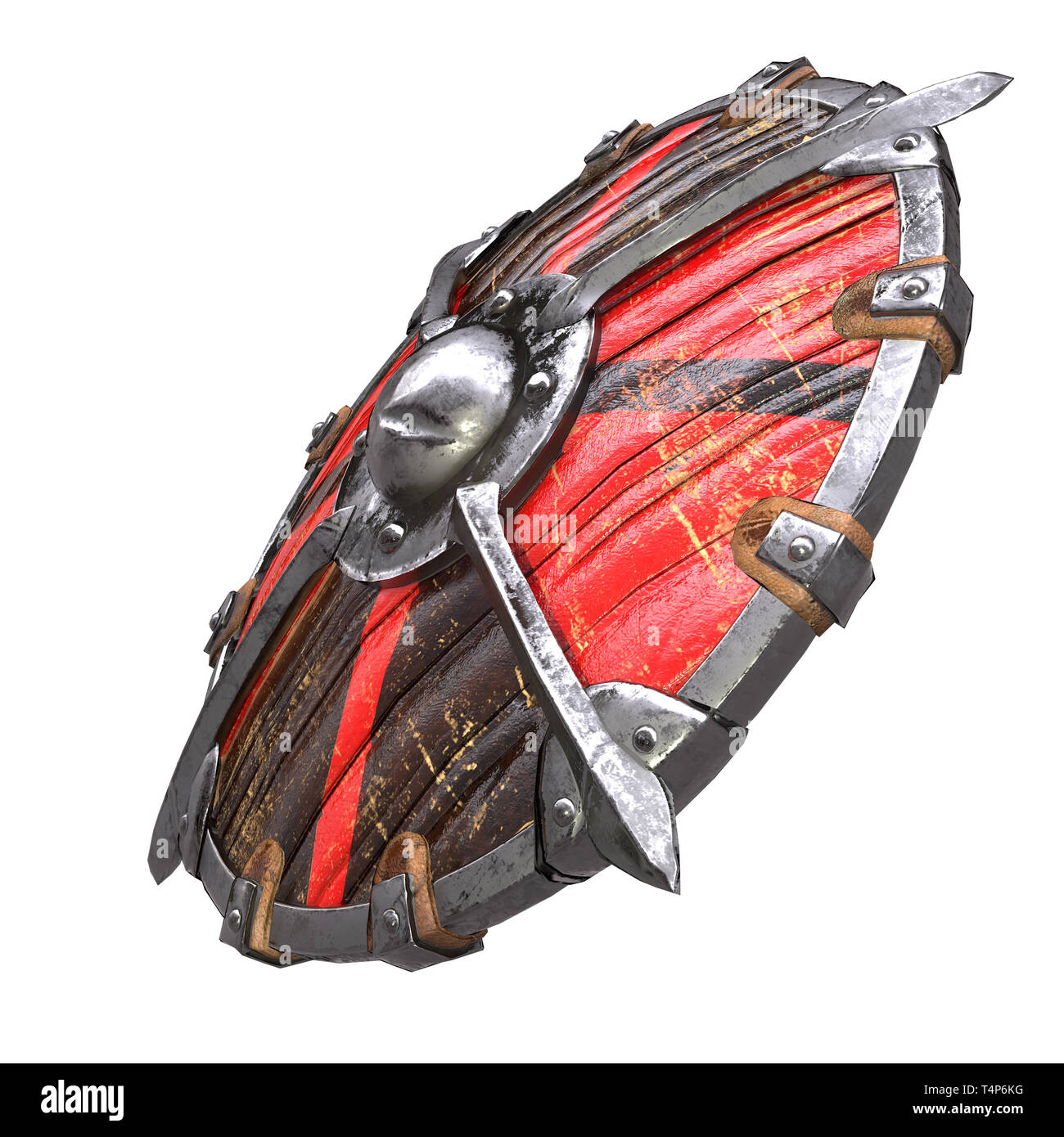 Round fantasy wooden shield with iron inserts on an isolated background ...