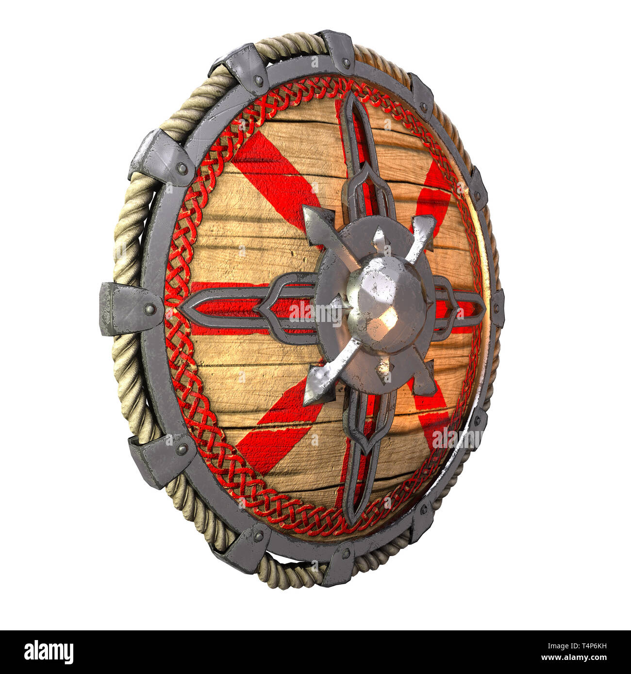 Round fantasy wooden shield with iron inserts on an isolated background ...
