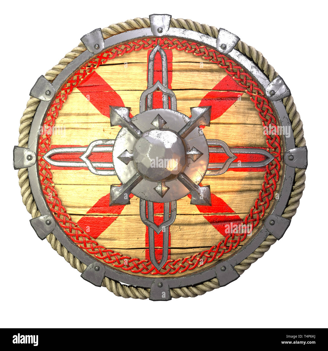 Round fantasy wooden shield with iron inserts on an isolated background ...