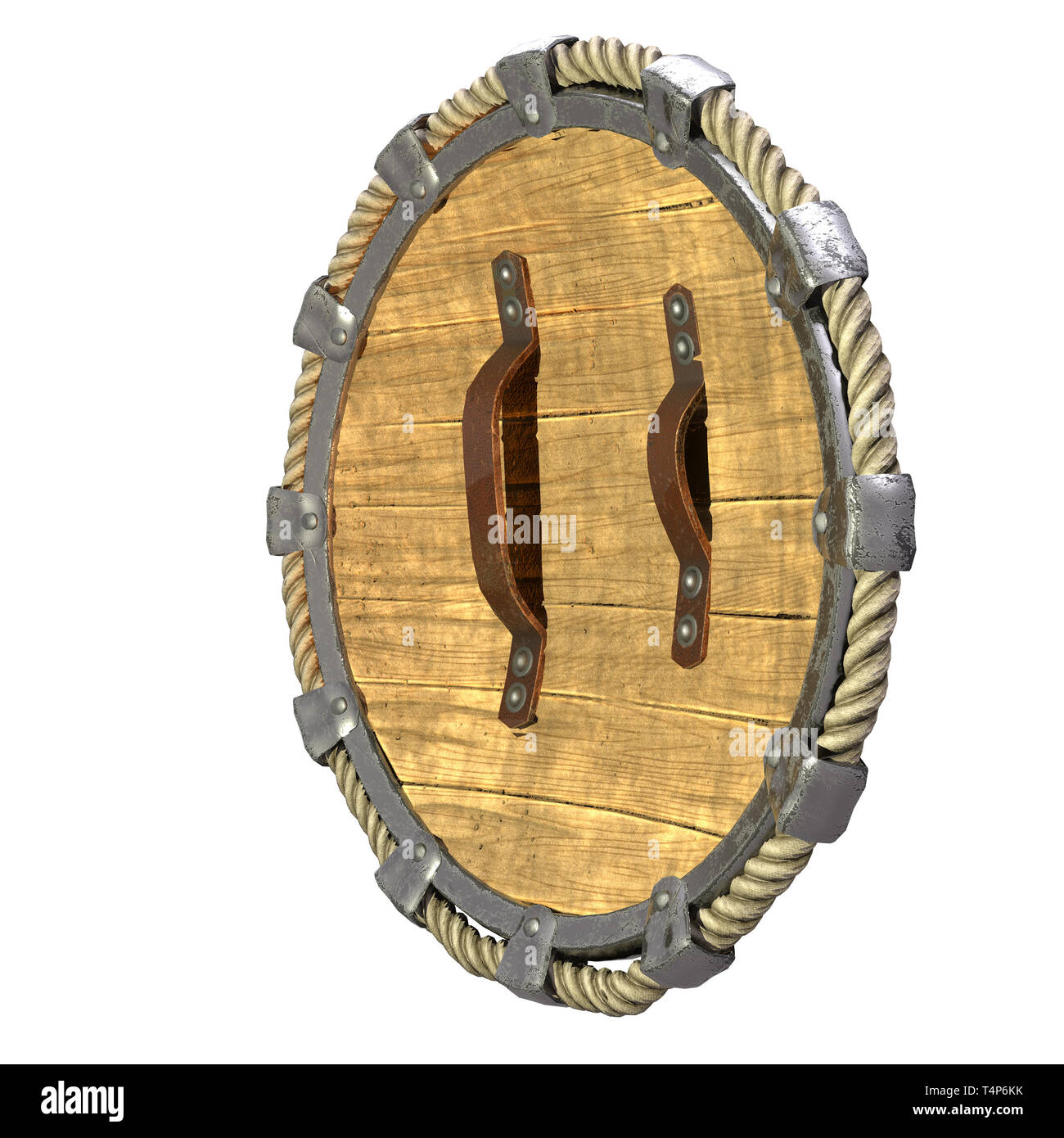 Round fantasy wooden shield with iron inserts on an isolated background ...