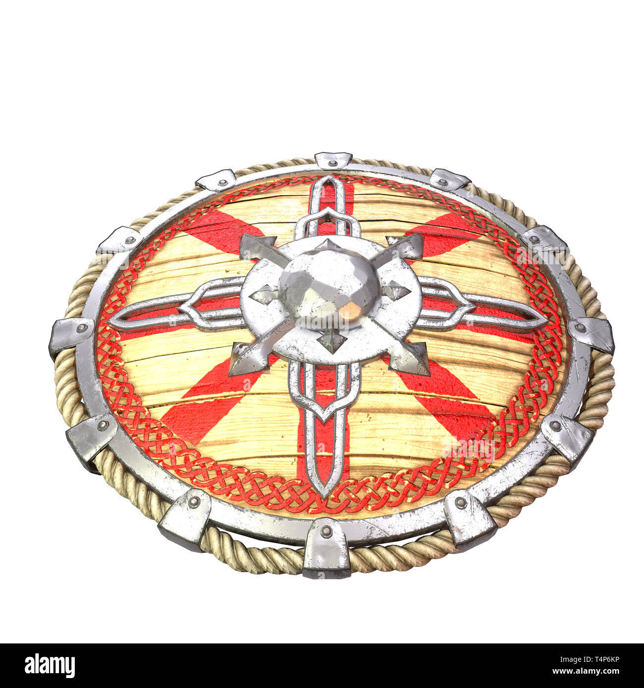 Round fantasy wooden shield with iron inserts on an isolated background ...