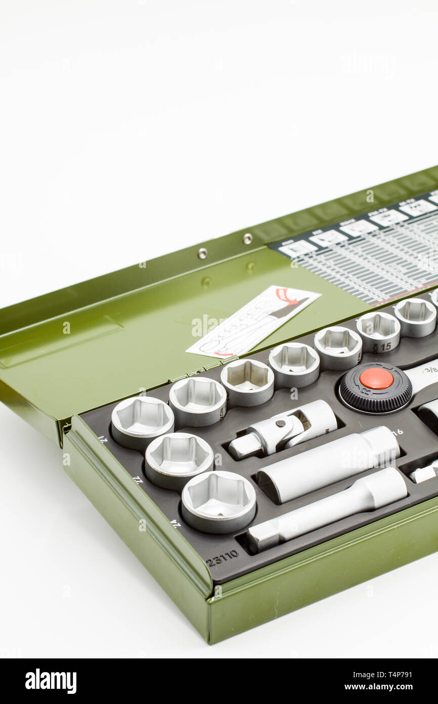 Socket Key Set in a metal box on a white background Stock Photo - Alamy