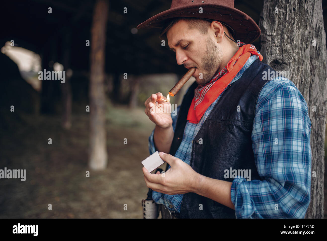 Brutal cowboy lights a cigar with matches, texas ranch on background ...