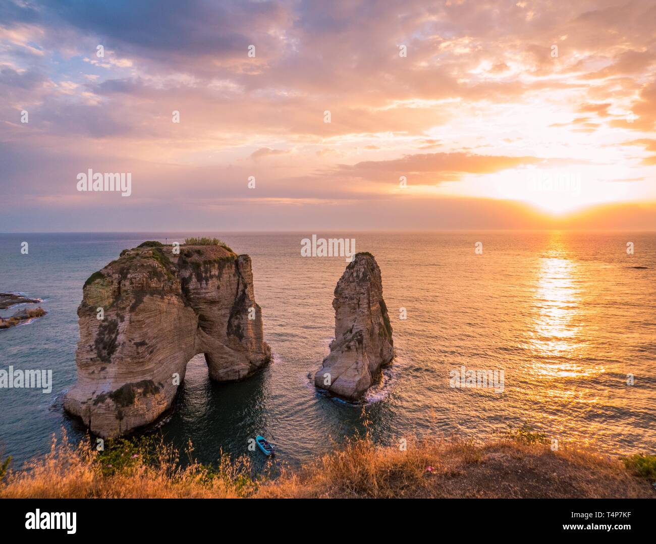 Magical sunset on Raouche, Pigeons' Rock. In Beirut, Lebanon Stock ...